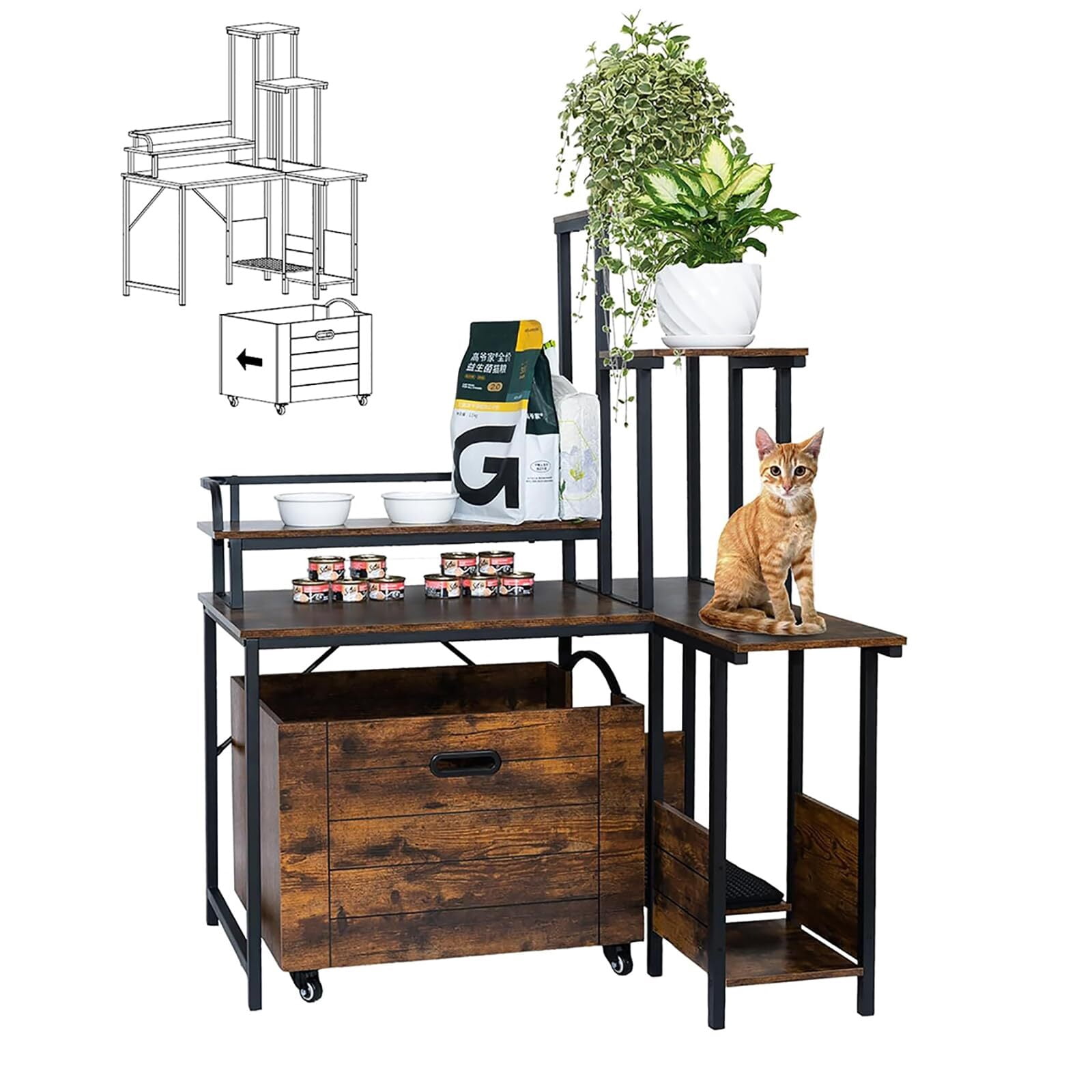 FOLDLIFE Cat Litter Box Enclosure Furniture with Flower Stand,Corner ...