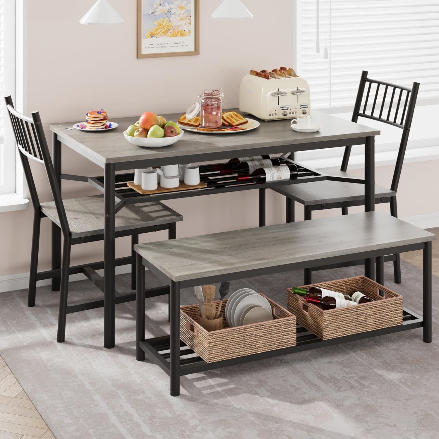 FOLDLIFE Dining Table Set for 4, Rectangle Bench Kitchen Table Set ...