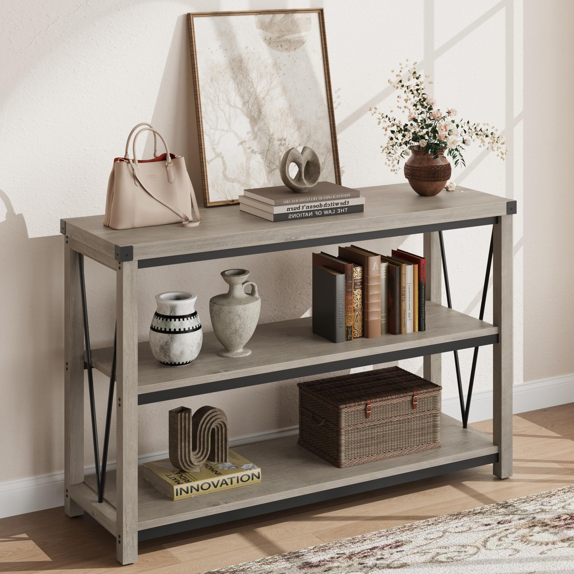 FOLDLIFE Farmhouse 47-Inch Narrow Console Table with Storage – 3-Tier ...
