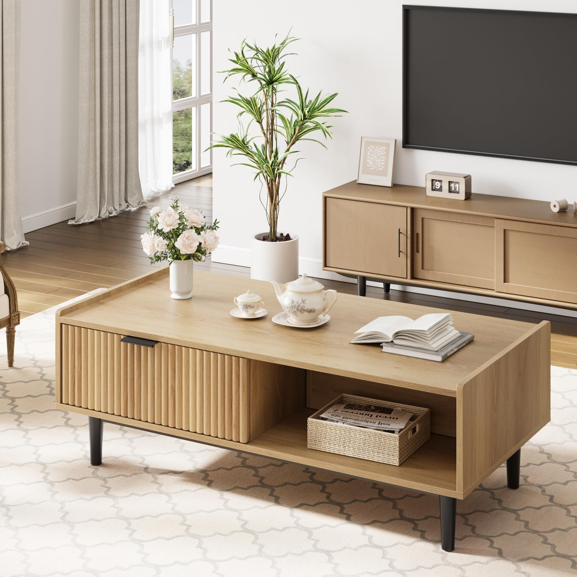 FOLDLIFE Fluted Coffee Table with Drawer,Modern Center Table with ...