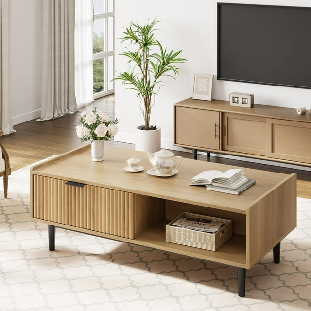 FOLDLIFE Fluted Coffee Table with Drawer,Modern Center Table with ...