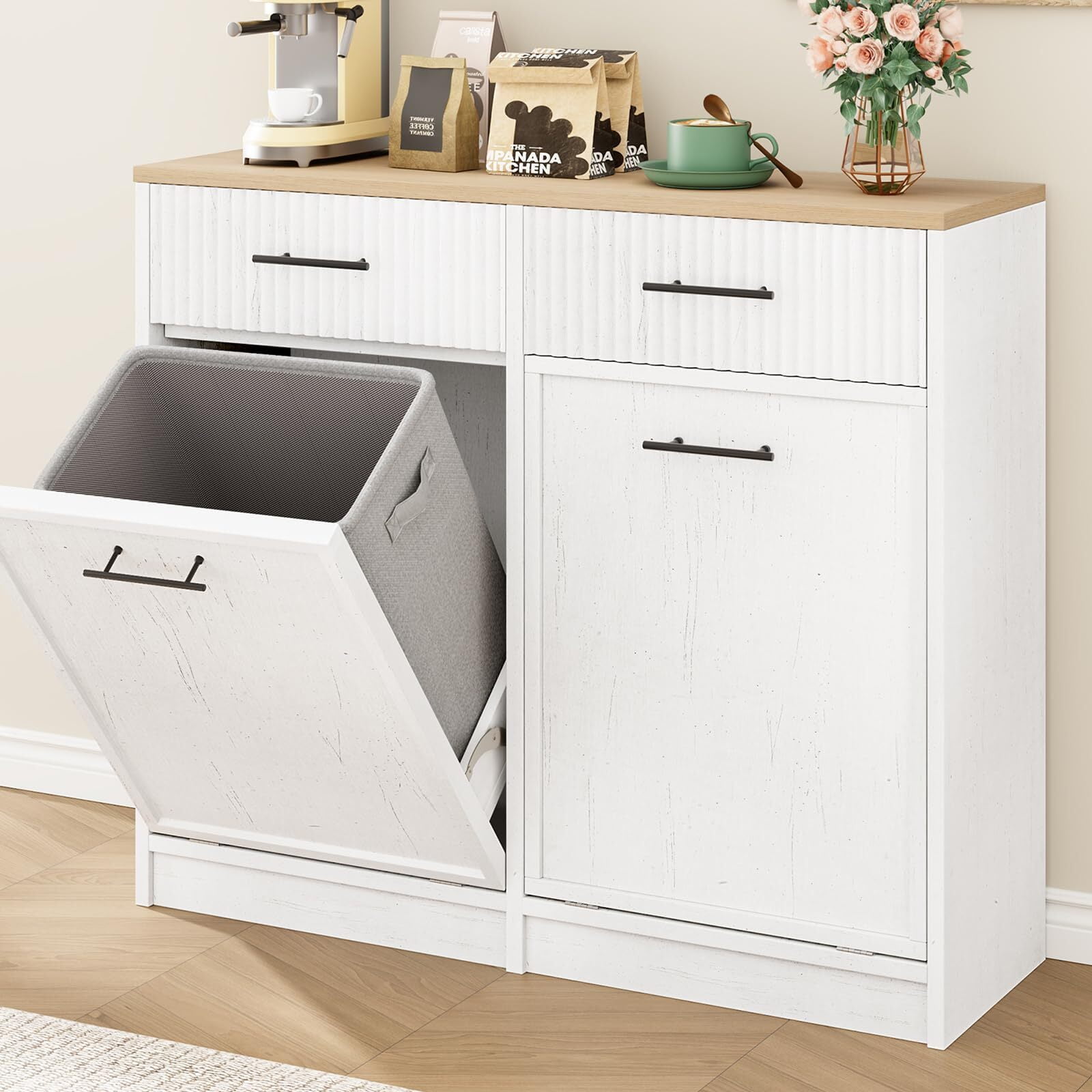 FOLDLIFE Fluted Double Trash Cabinet Tilt Out,Hidden Trash Can Cabinet ...