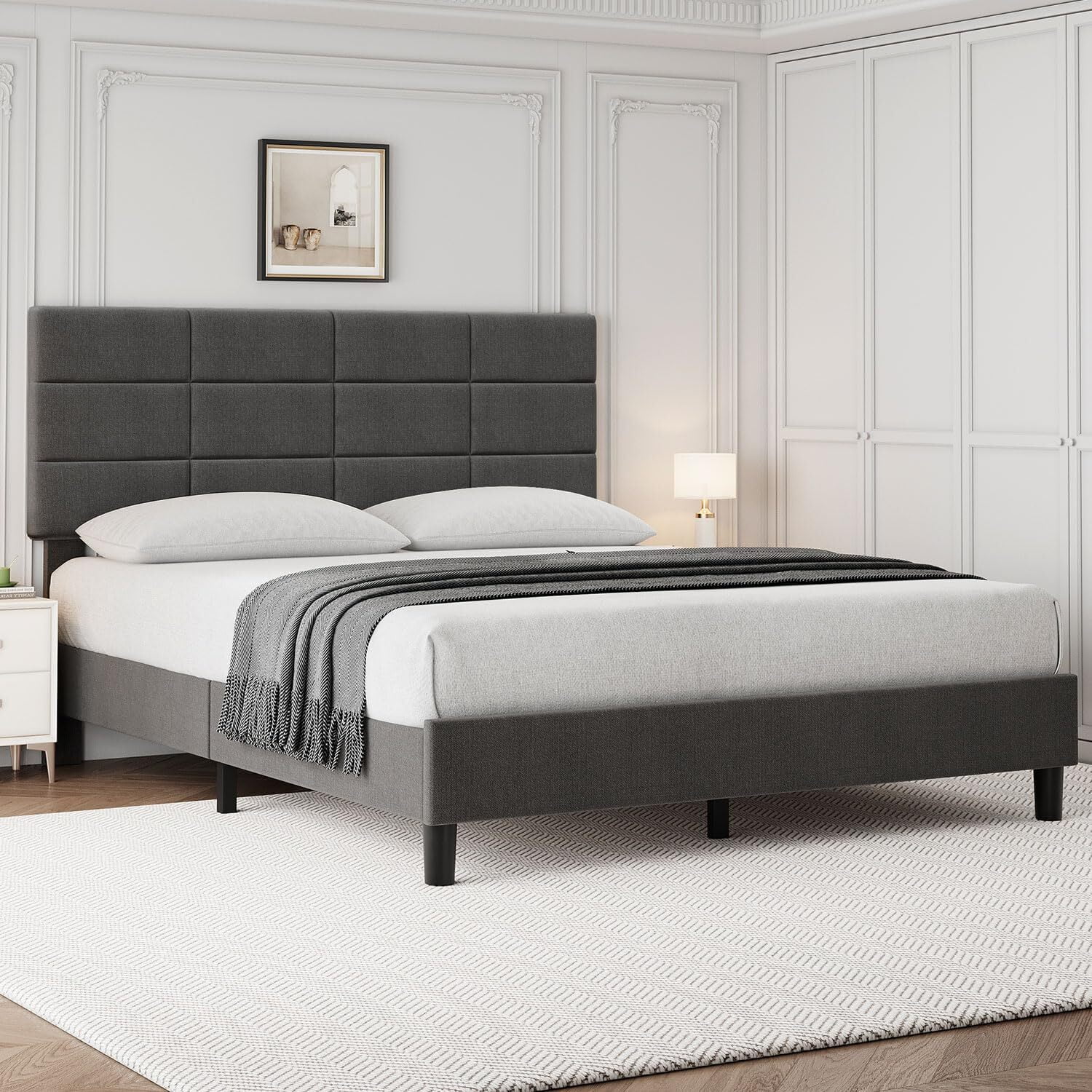 FOLDLIFE Full Size Bed Frame with Height Adjustable Headboard, Linen ...