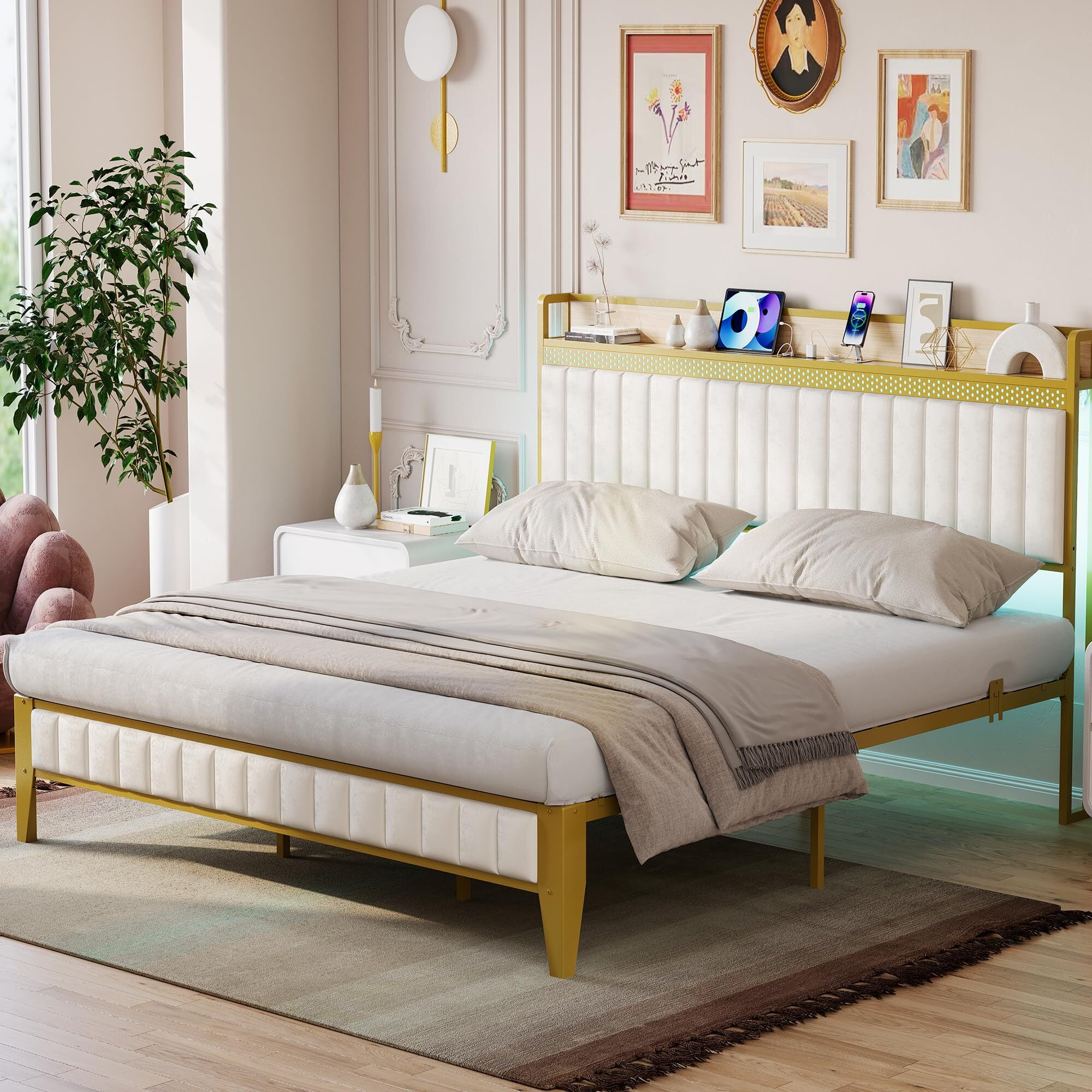 FOLDLIFE Full Size White LED Bed Frame with Charging Station and ...