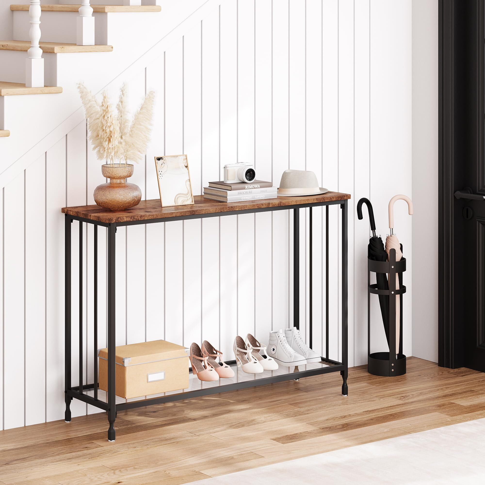 FOLDLIFE Narrow Console Table with Glass Shelf and Metal Frame ...