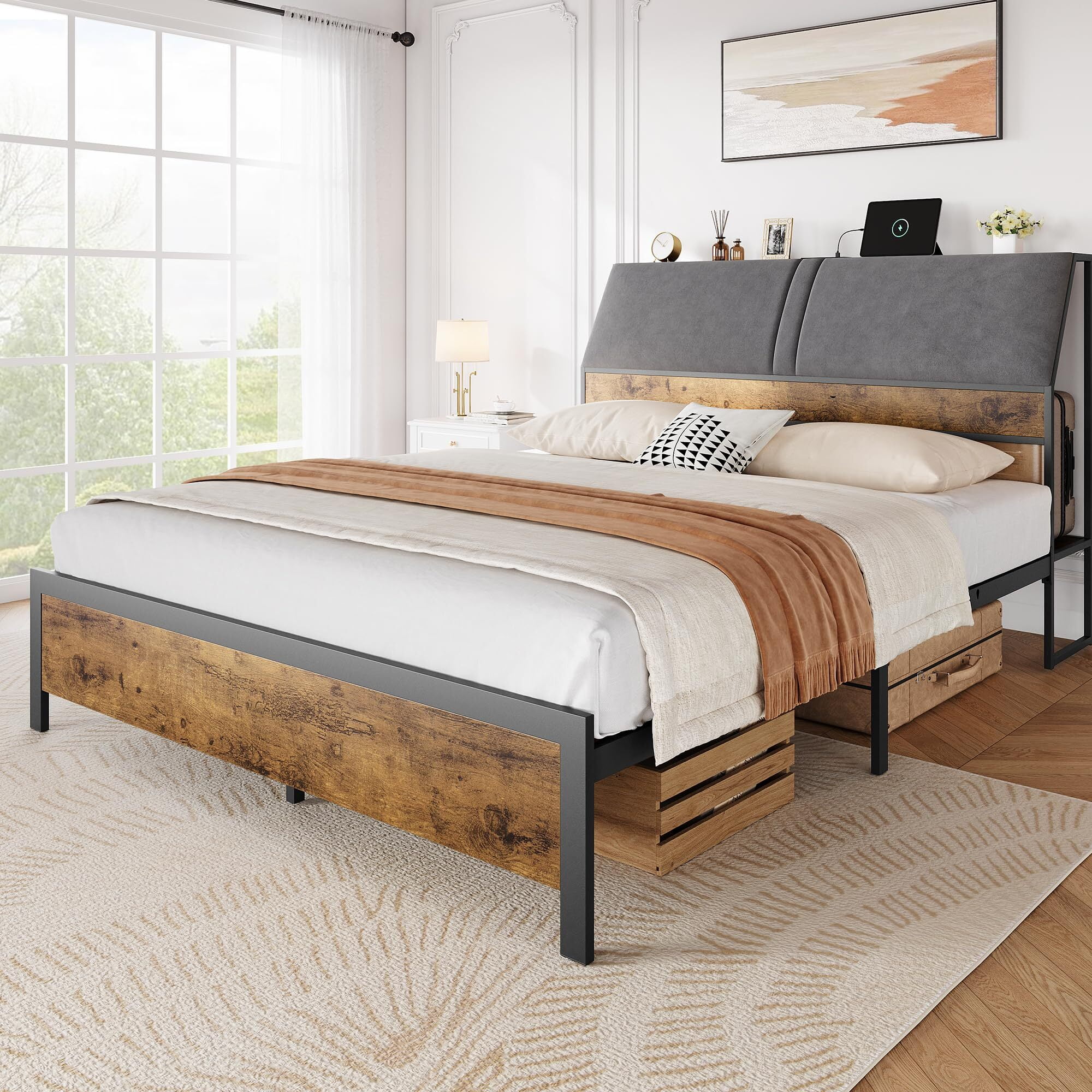 FOLDLIFE Queen Bed Frame with Storage Headboard and Built-In Charging ...
