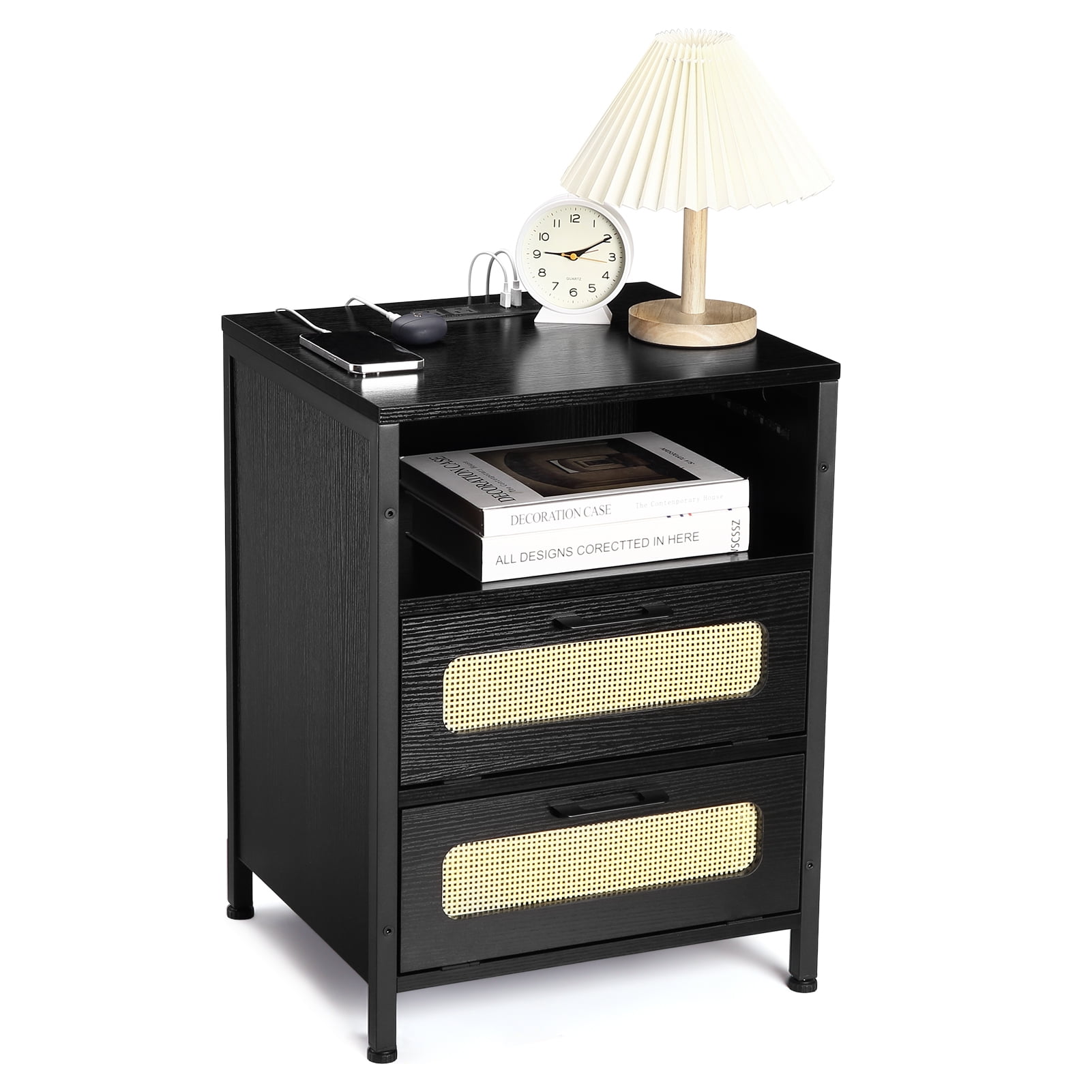 FOLDLIFE Rattan Nightstand with USB Ports and Outlets, Bedside Table ...