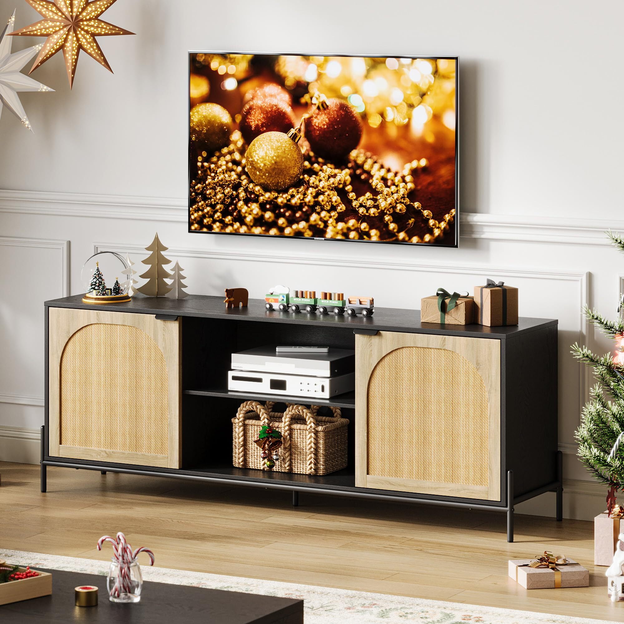 FOLDLIFE Rattan TV Stand for 75 Inch TV, Entertainment Center with ...