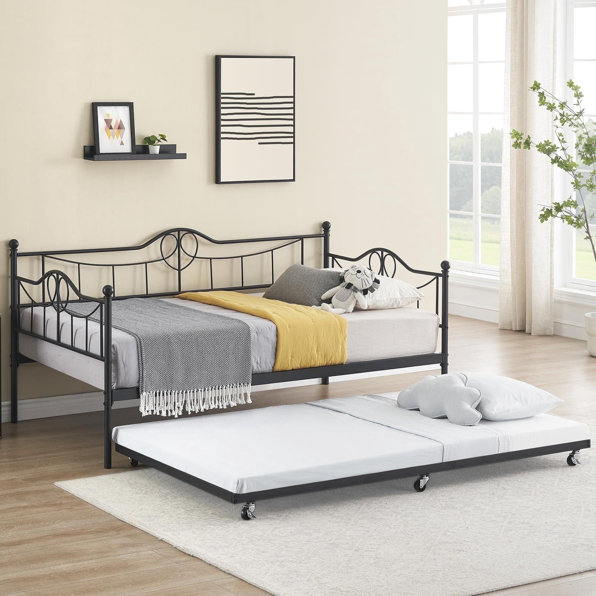 FOLDLIFE Twin Daybed with Trundle, Modern Pull Out Day Bed Frame with ...