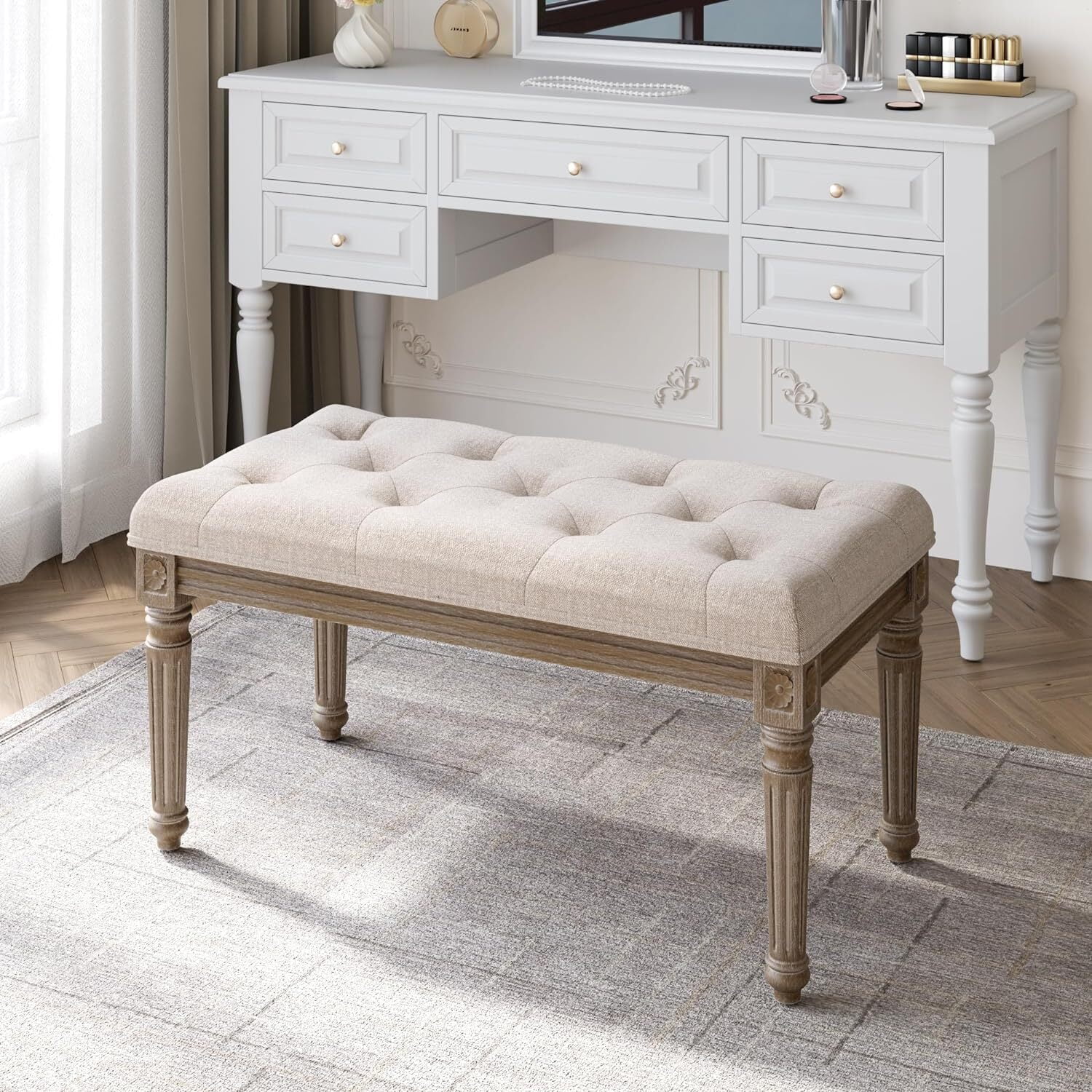 FOLDLIFE Upholstered Tufted Ottoman Bench, Traditional Rectangle Design ...