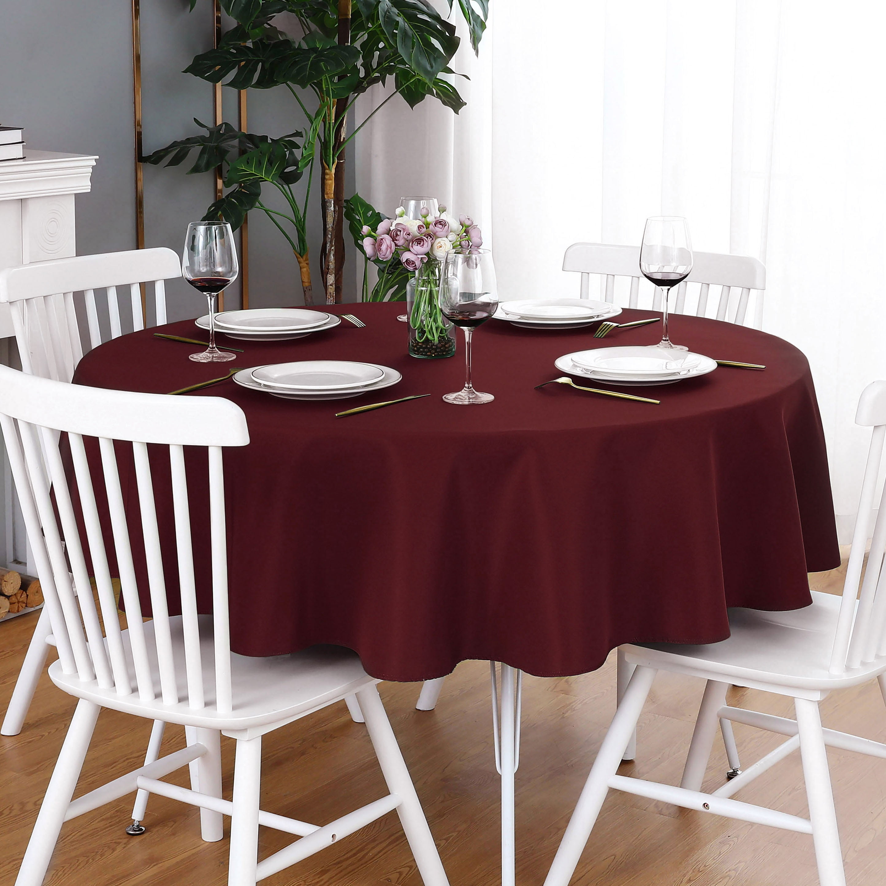 FOLINS&HOME Burgundy Round 60 Inch Tablecloth - Waterproof & Wrinkle ...