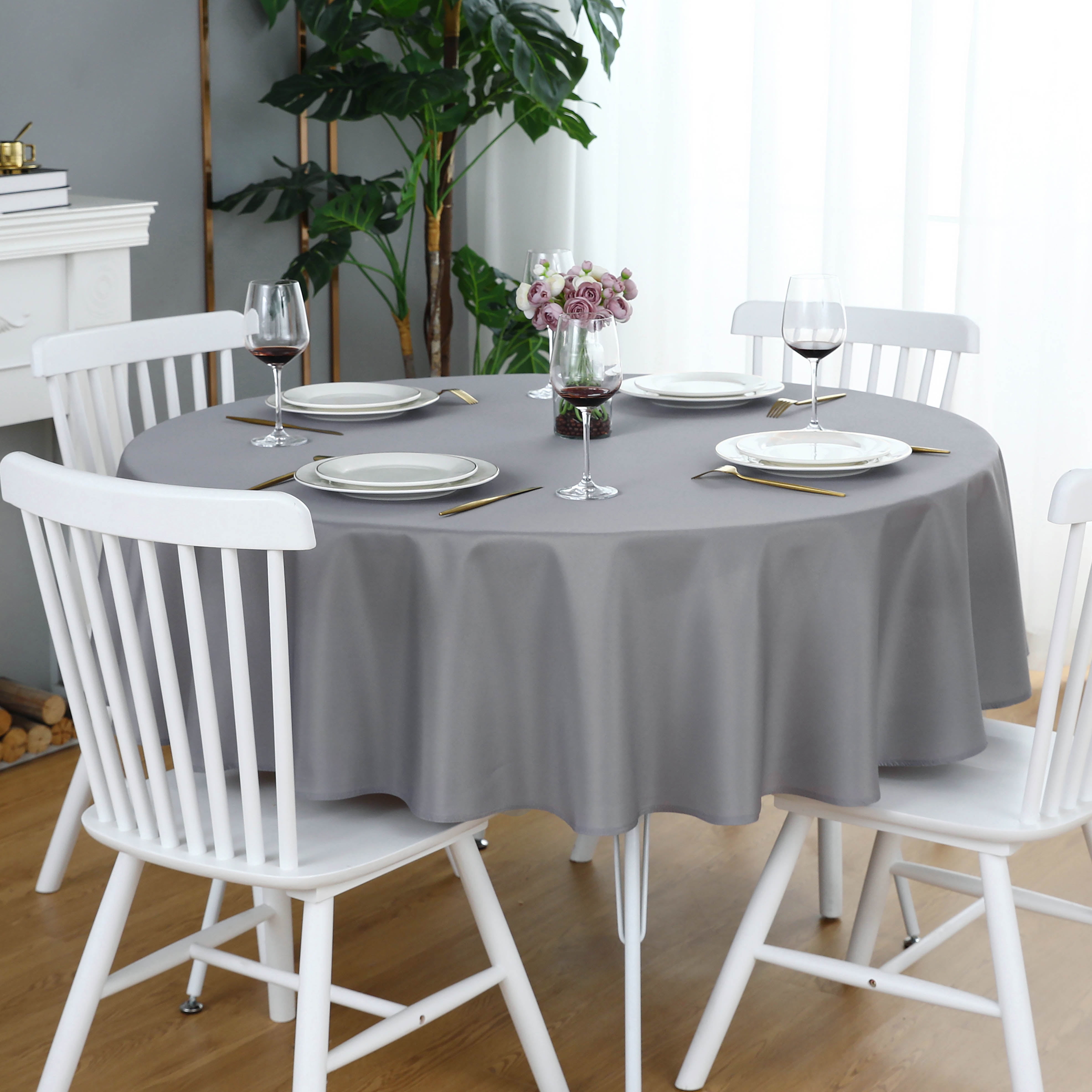 FOLINS&HOME Grey Round 60 Inch Tablecloth - Waterproof & Wrinkle Free ...