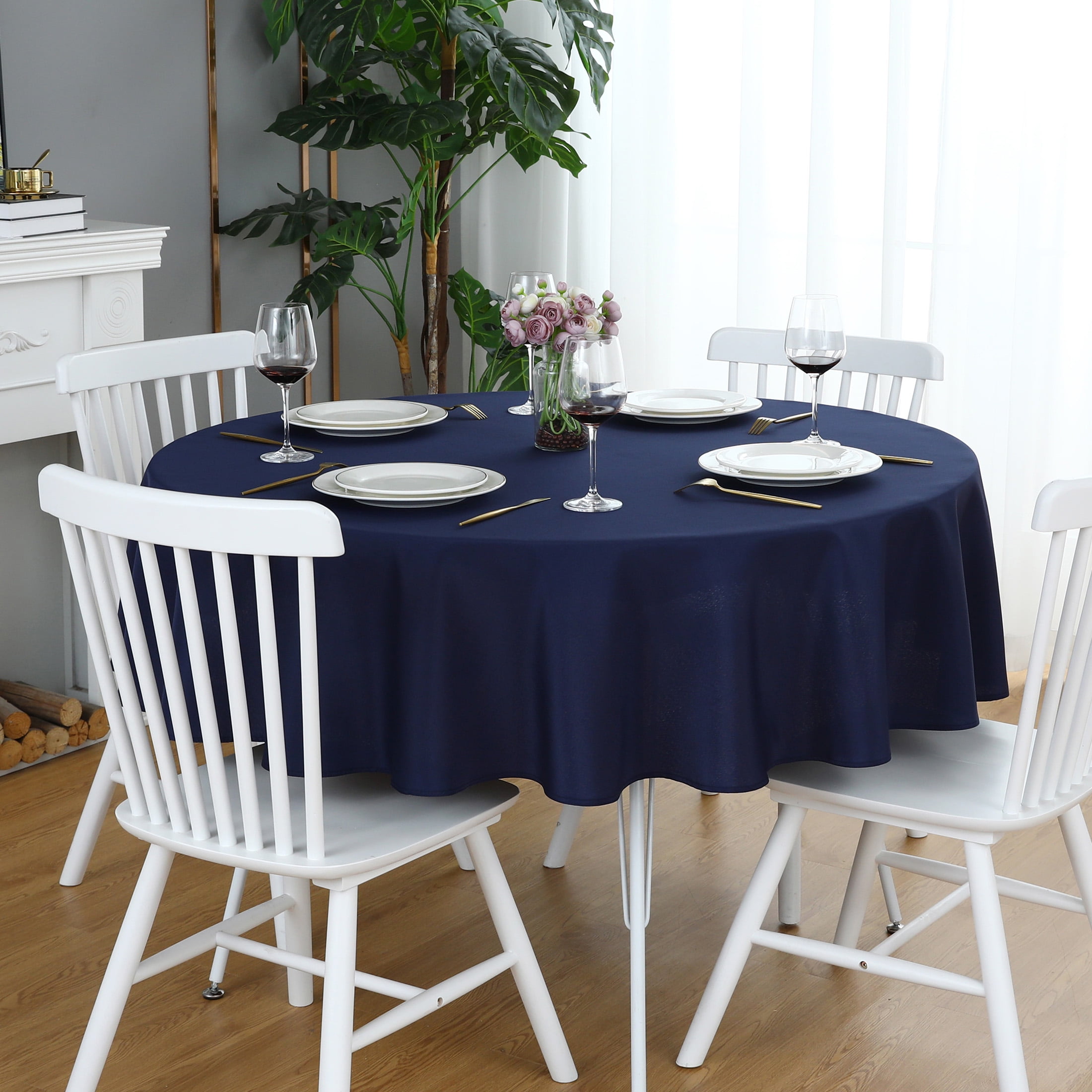 FOLINS&HOME Navy Blue Round 90 inch Tablecloth - Waterproof & Wrinkle ...