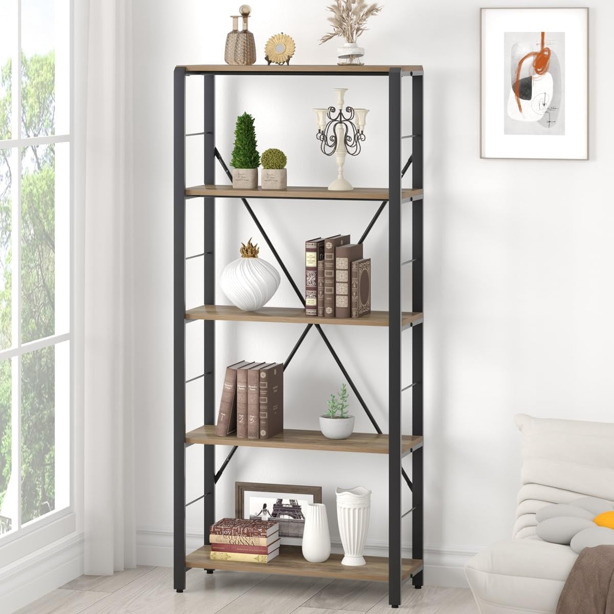 FOLUBAN 5 Tier Tall Bookshelf, Industrial Vintage Book Shelf, Modern ...