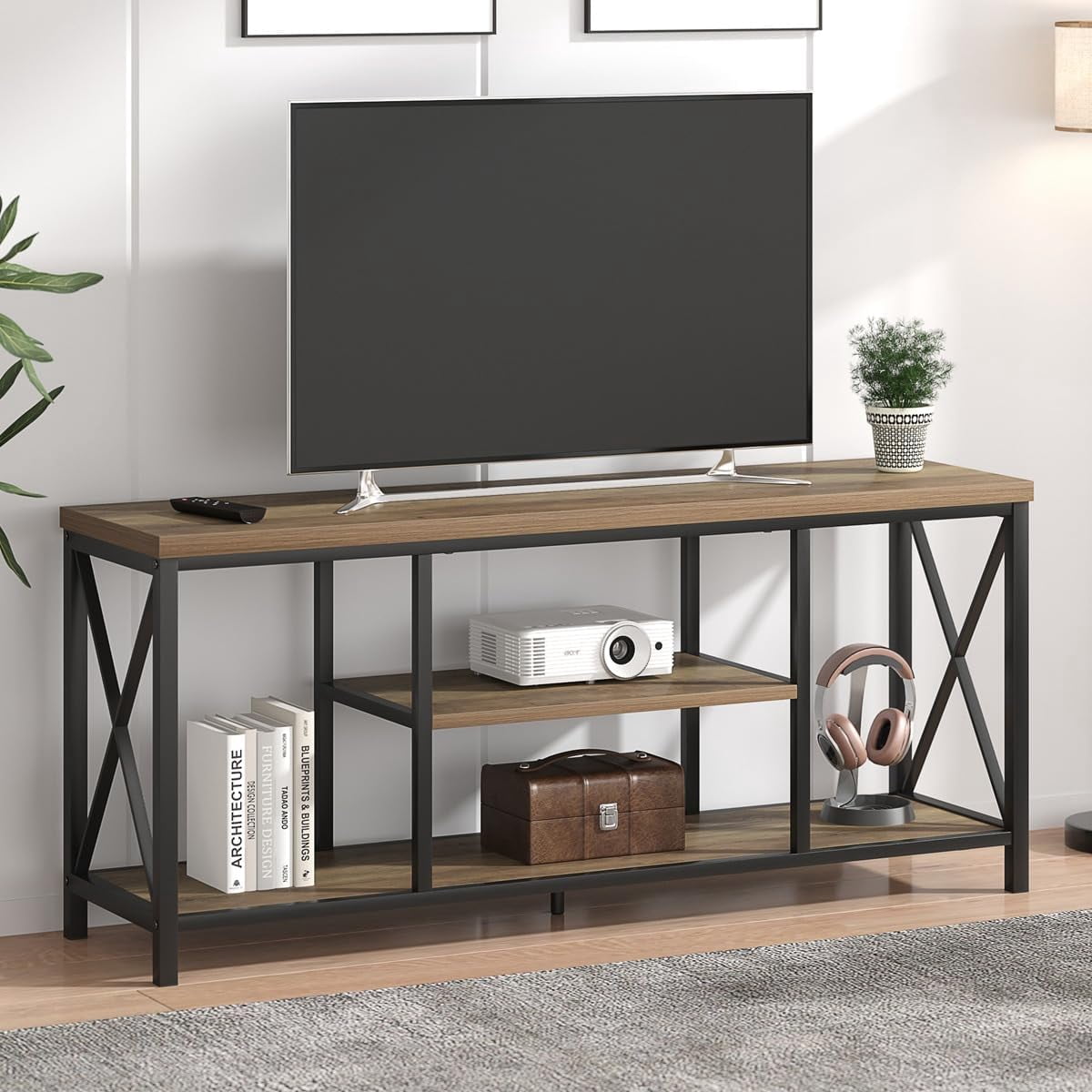 FOLUBAN TV Stand for TV up to 65 inch, Rustic Wood and Metal ...