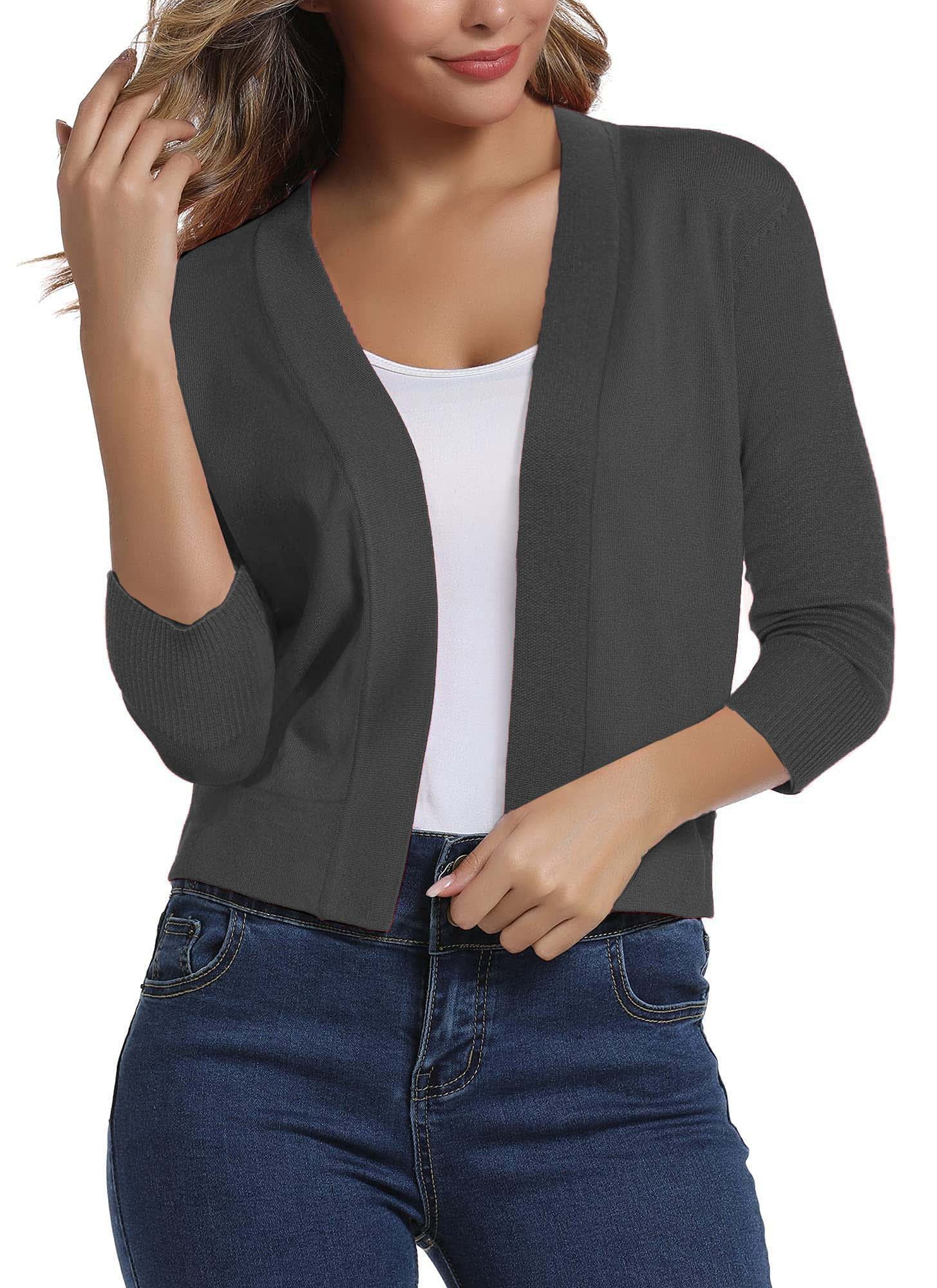 FOLUNSI Women's 3/4 Sleeve Cropped Cardigans Sweaters Jackets Open ...