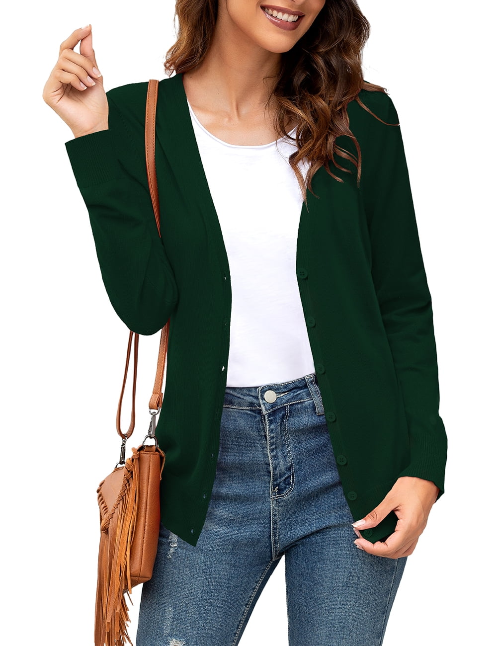 FOLUNSI Women's Button Down Crew Neck Long Sleeve Soft Knit Cardigan ...
