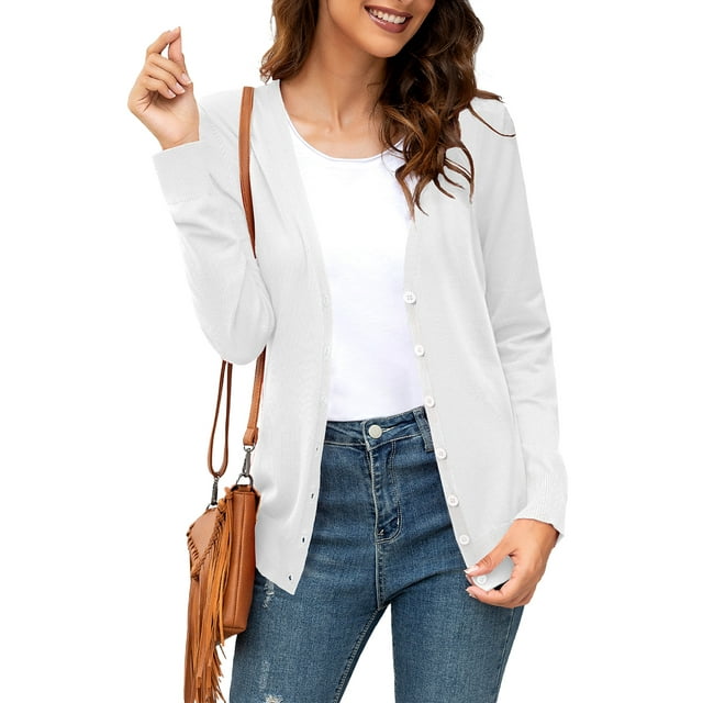Folunsi Womens Button Down Crew Neck Long Sleeve Soft Knit Cardigan