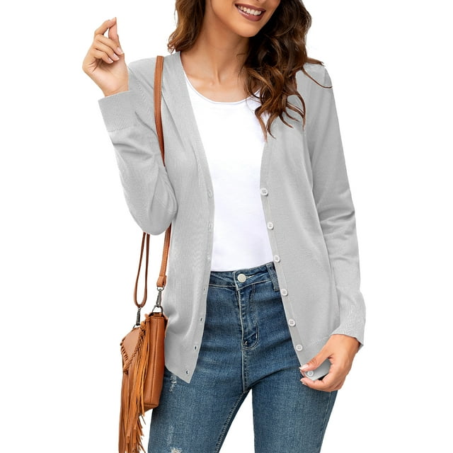 Folunsi Womens Button Down Crew Neck Long Sleeve Soft Knit Cardigan
