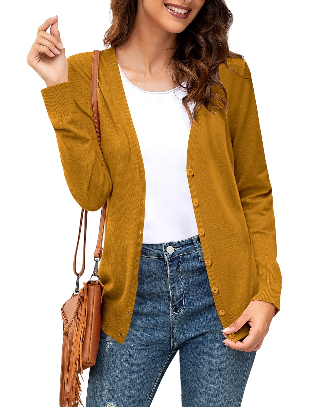 Folunsi Womens Button Down Crew Neck Long Sleeve Soft Knit Cardigan