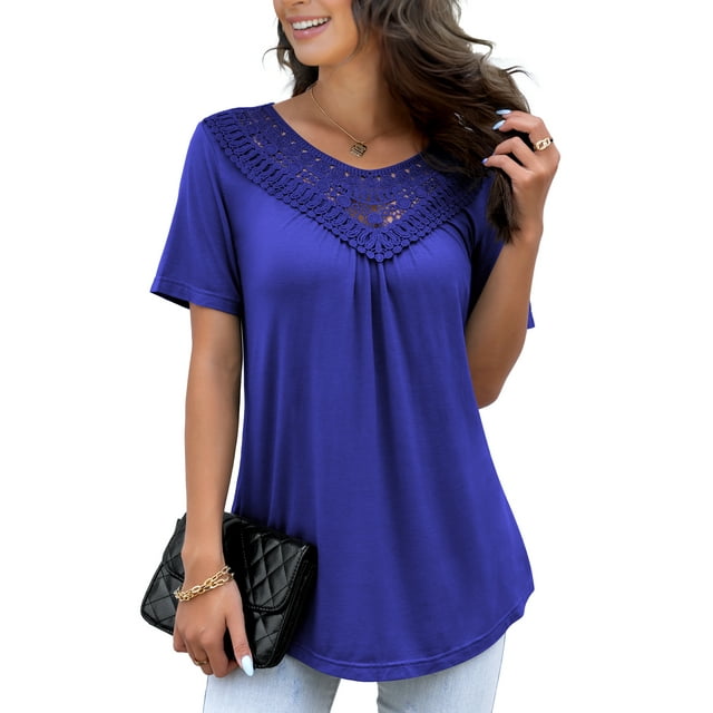 FOLUNSI Women's Plus Size Summer Tops Short Sleeve Lace Pleated Blouses ...