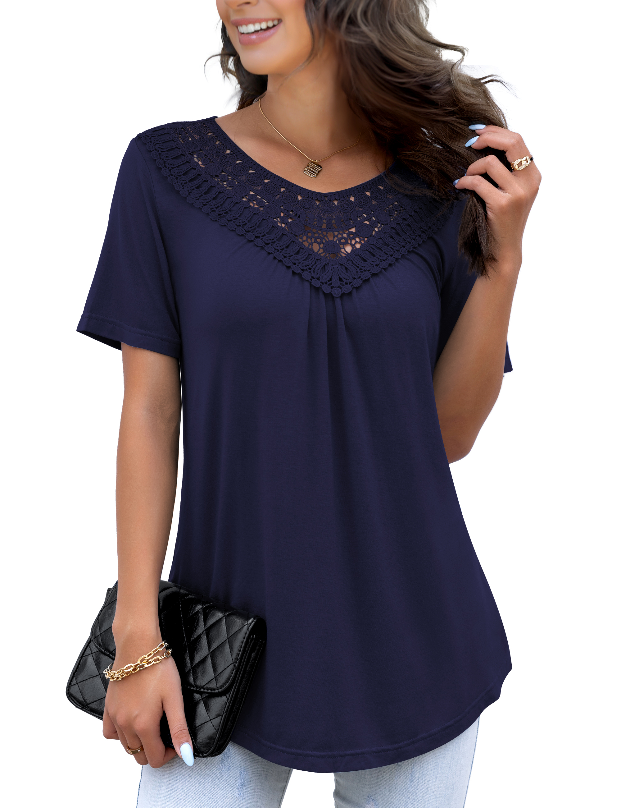 FOLUNSI Women's Plus Size Summer Tops Short Sleeve Lace Pleated Blouses ...