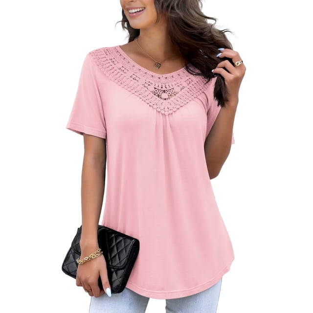 FOLUNSI Women's Plus Size Summer Tops Short Sleeve Lace Pleated Blouses ...