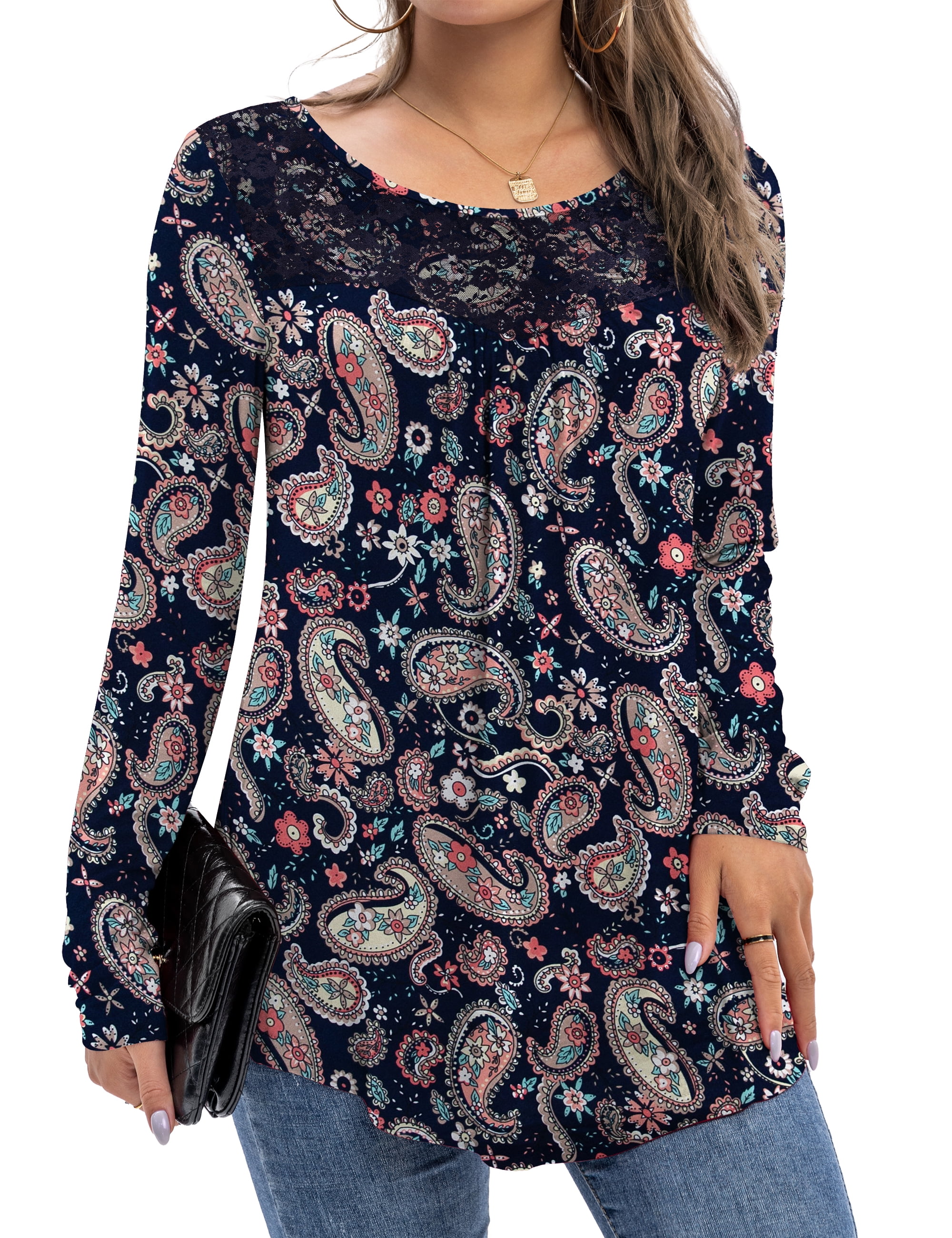FOLUNSI Women's Plus Size Tops Long Sleeve Lace Pleated Blouses Tunic ...