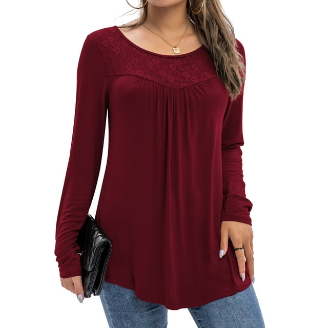 FOLUNSI Women's Plus Size Tops Long Sleeve Lace Pleated Blouses Tunic ...