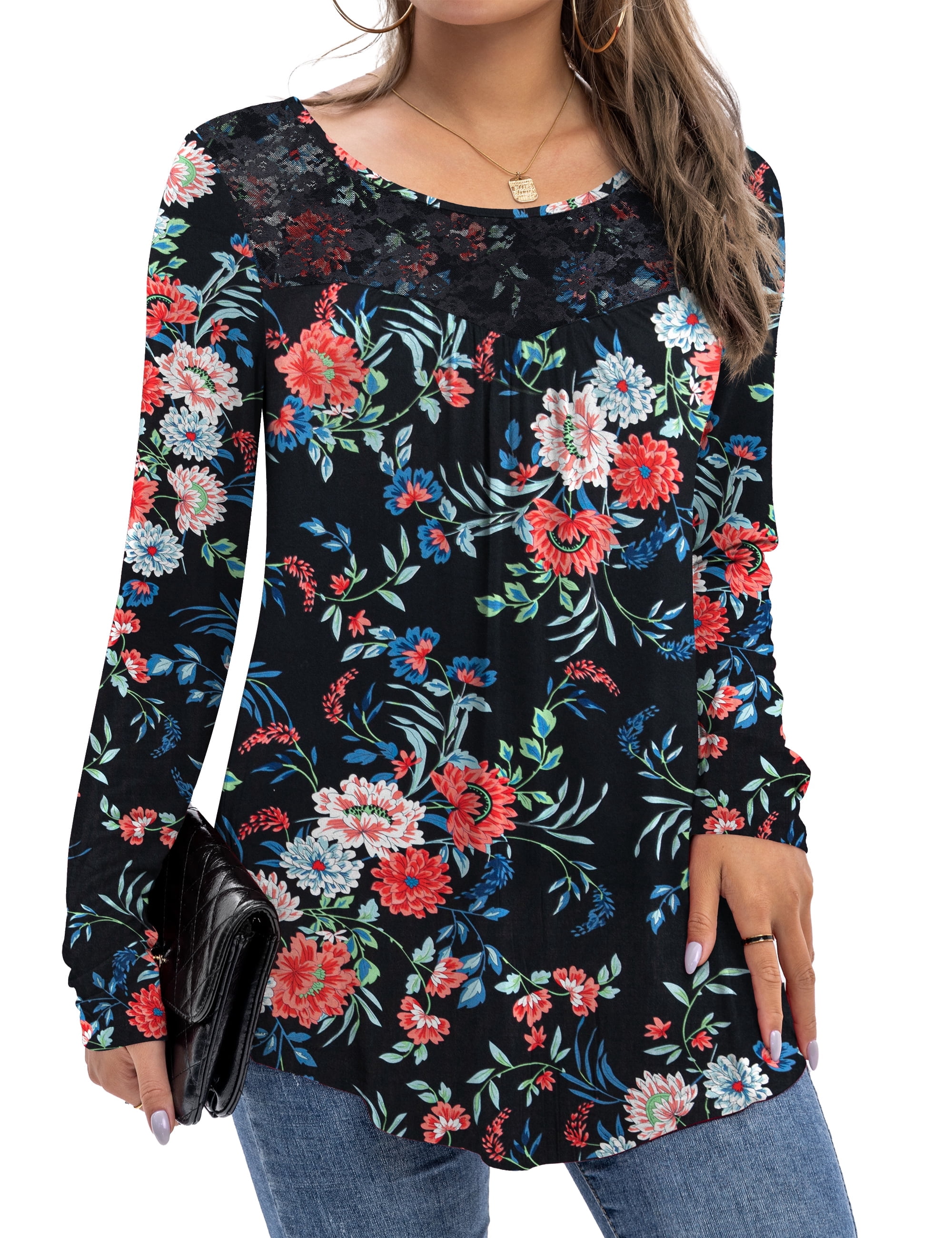 FOLUNSI Women's Plus Size Tops Long Sleeve Lace Pleated Blouses Tunic ...