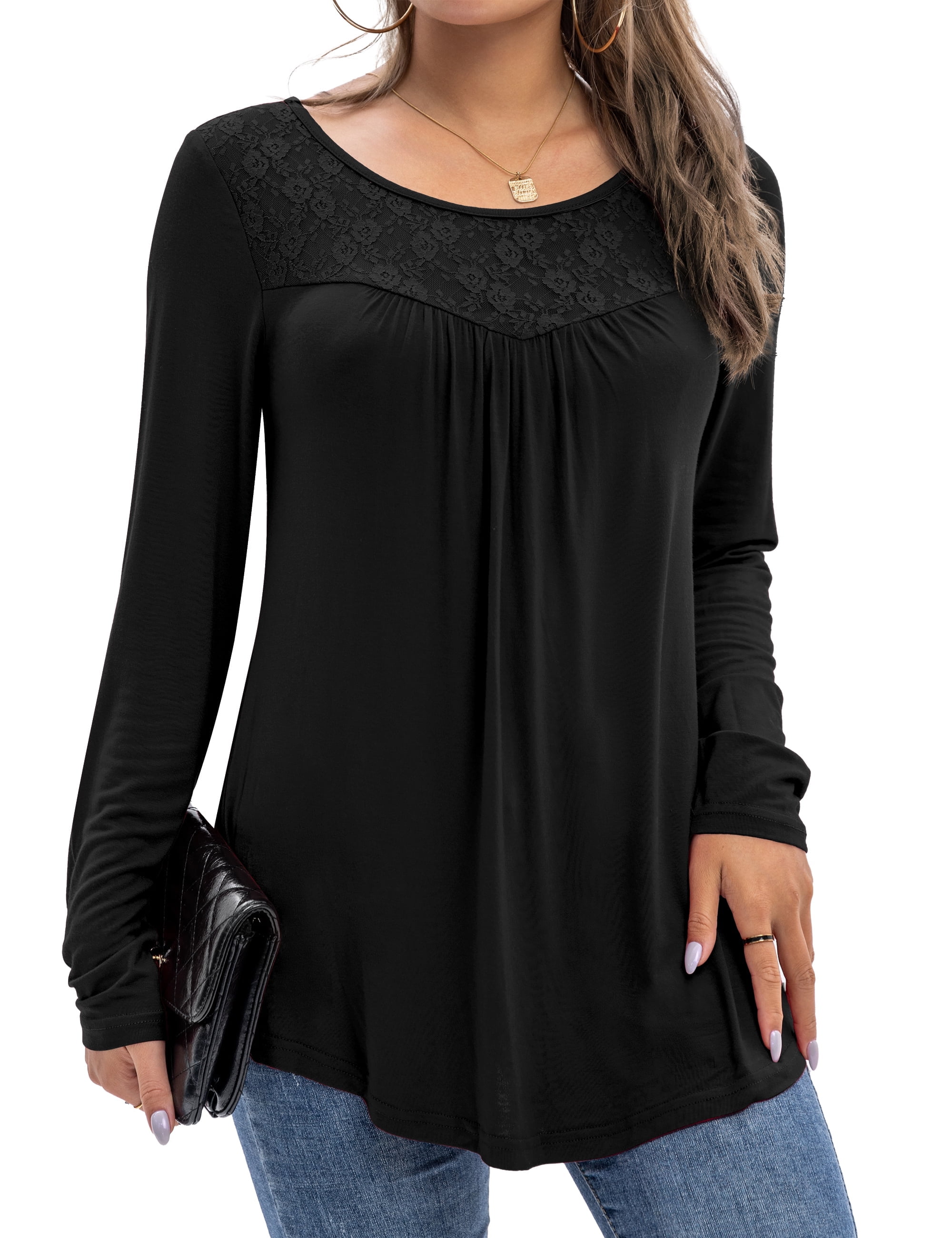 FOLUNSI Women's Plus Size Tops Long Sleeve Lace Pleated Blouses Tunic ...