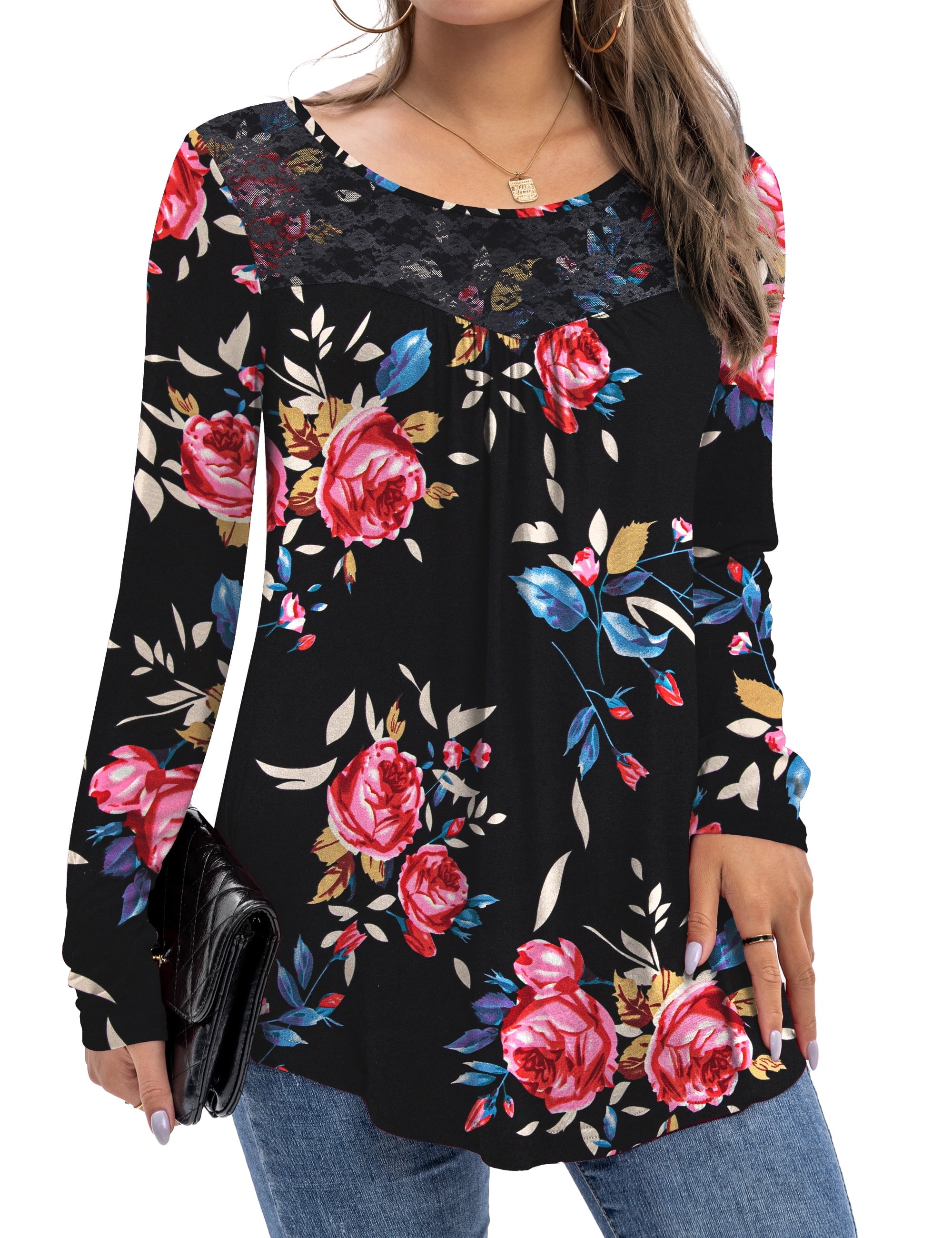 FOLUNSI Women's Plus Size Tops Long Sleeve Lace Pleated Blouses Tunic ...