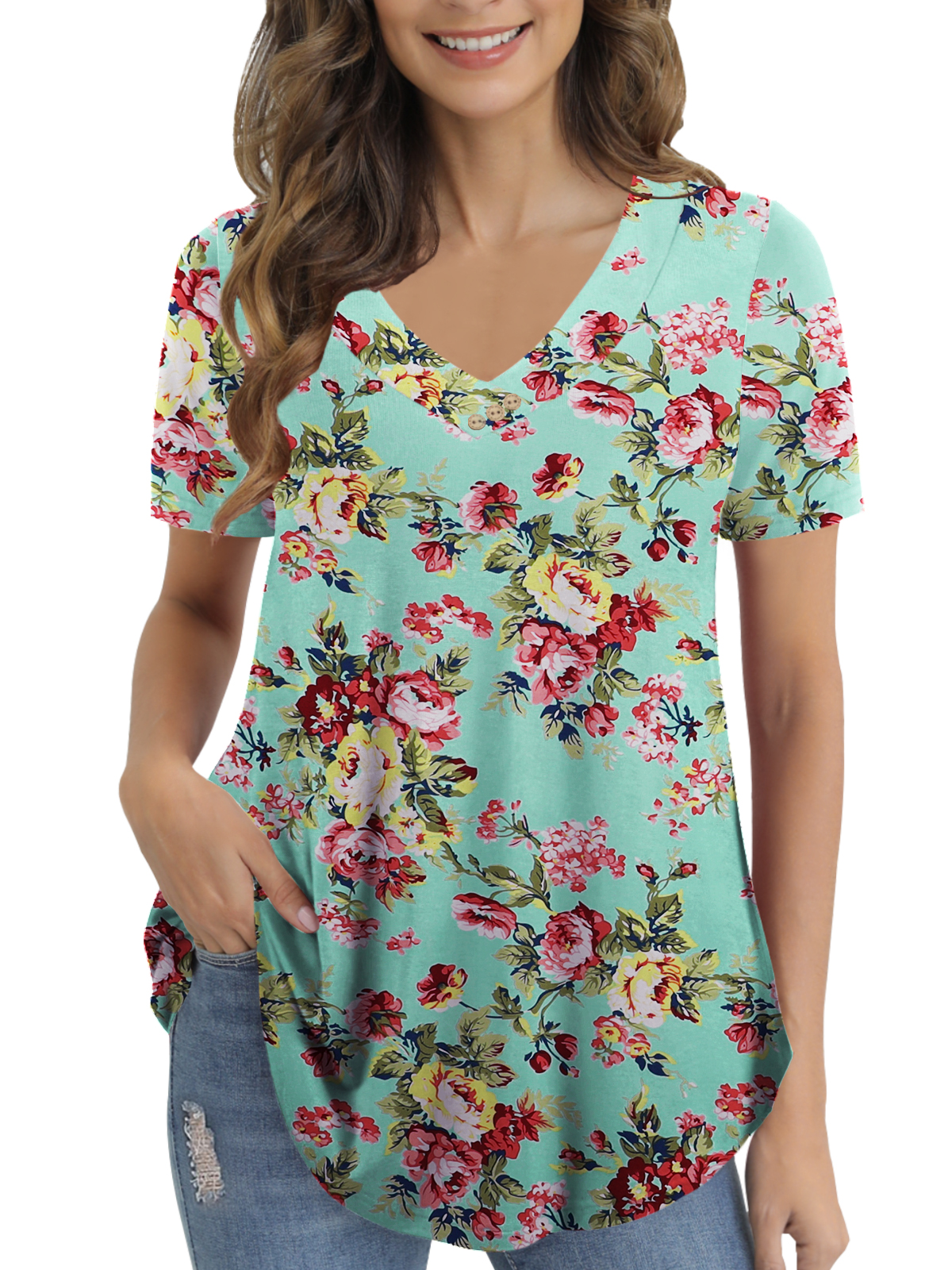 Romantic Gypsy Womens Plus Size Floral Flutter Sleeve V Neck Top