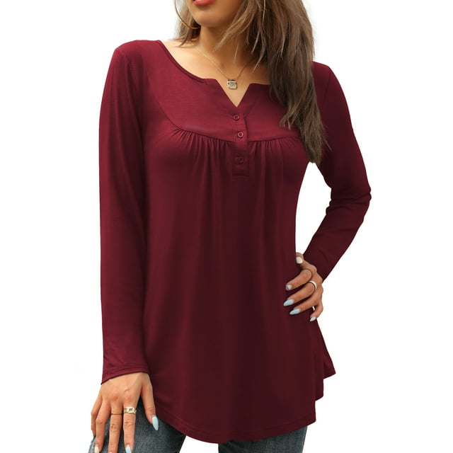 FOLUNSI Women's Plus Size V-Neck Long Sleeve Tunic Tops, Floral Henley ...