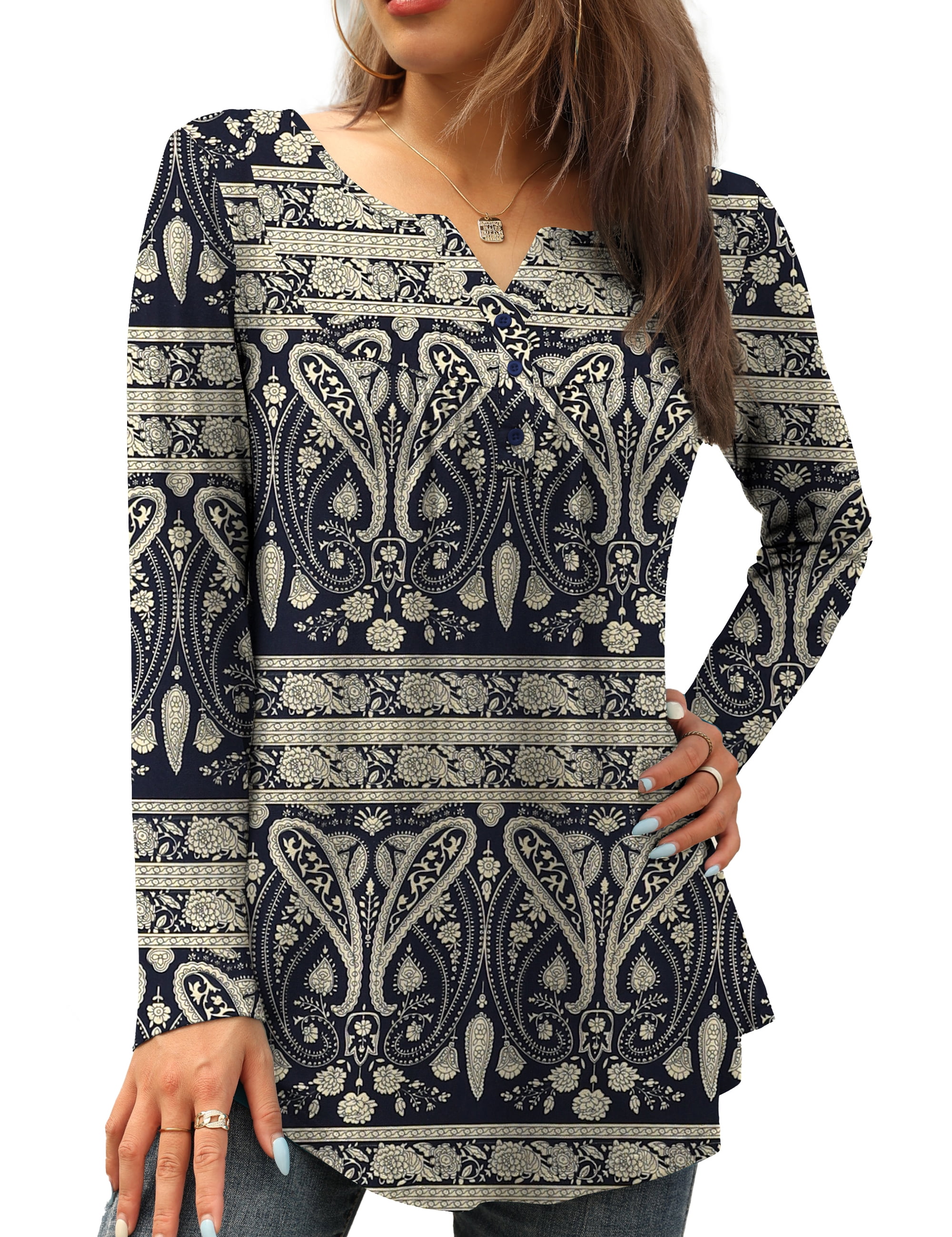 FOLUNSI Womens Plus Size Long Sleeve Tunic Tops Casual Floral Henley ...