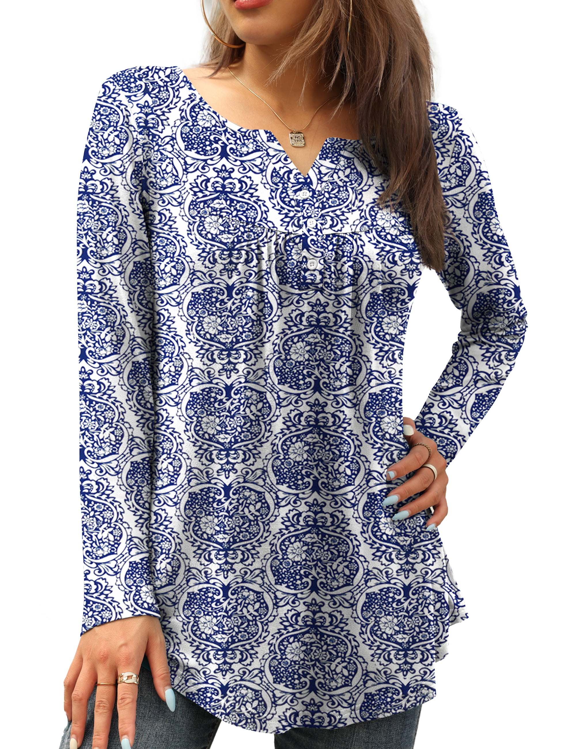 FOLUNSI Womens Plus Size Long Sleeve Tunic Tops Casual Floral Henley ...