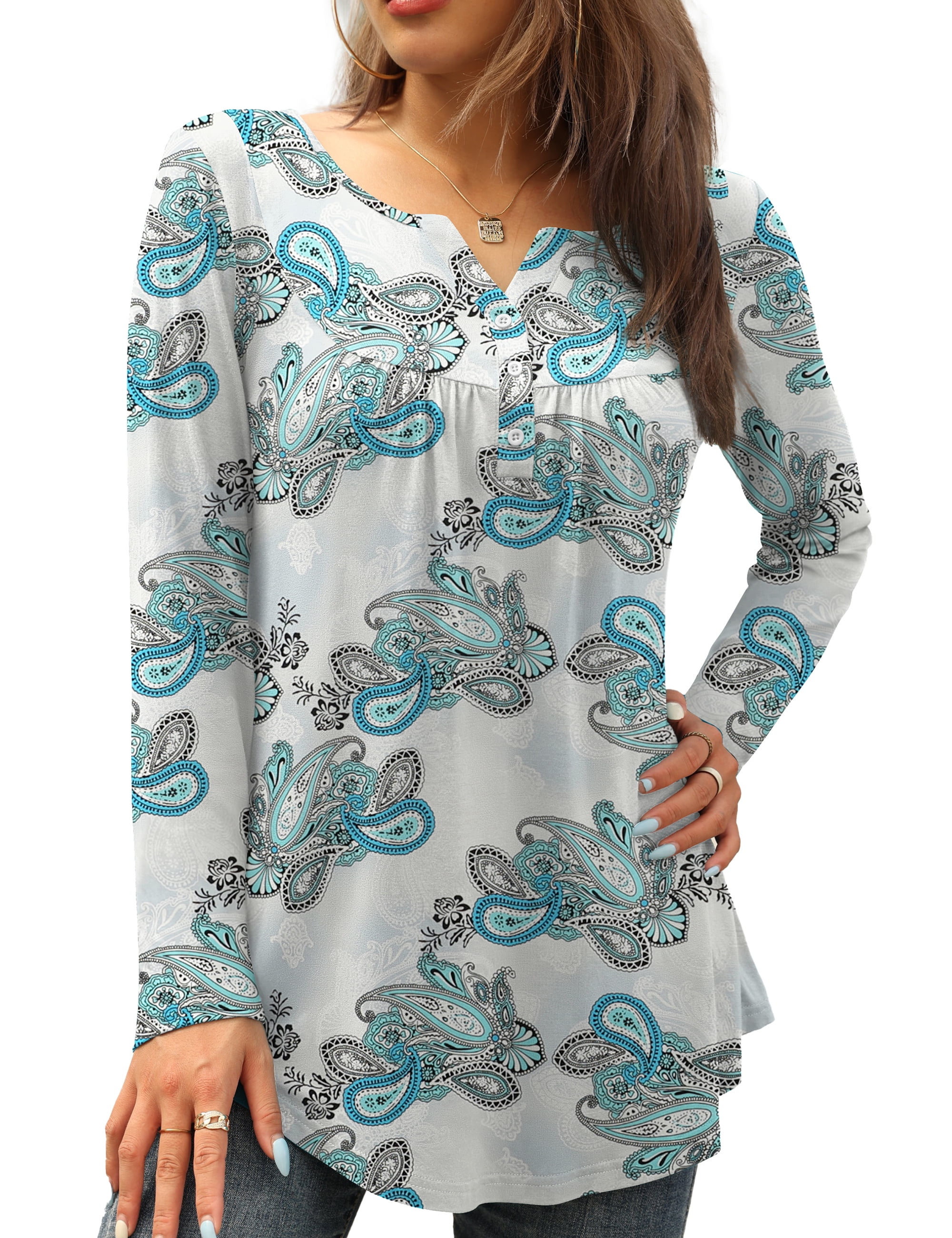 FOLUNSI Womens Plus Size Tunic Tops Long Sleeve Casual Floral Henley ...