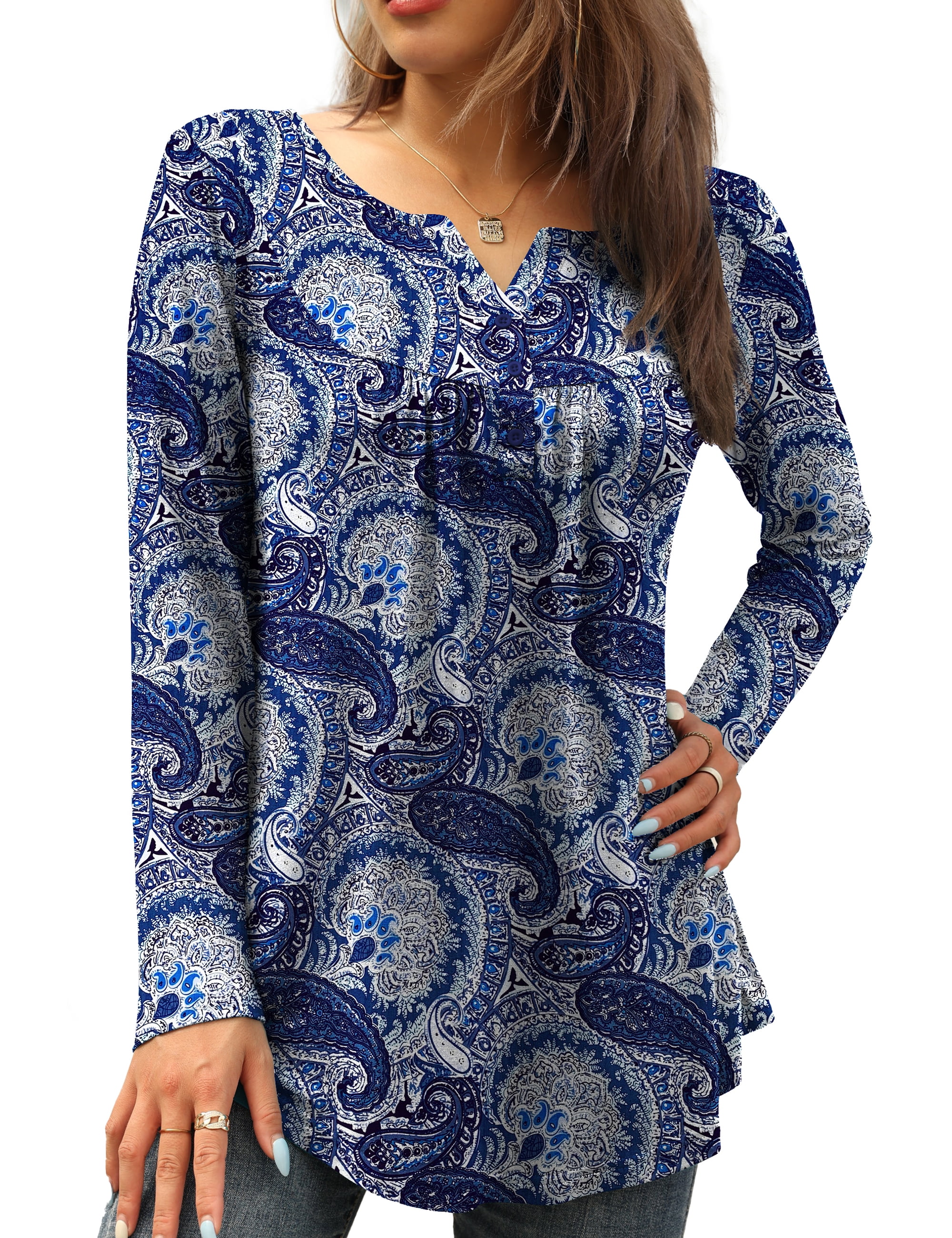FOLUNSI Womens Plus Size Tunic Tops Long Sleeve Casual Floral Henley ...