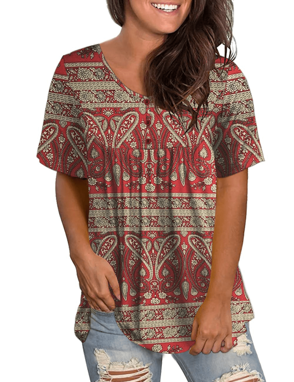 FOLUNSI Womens Summer Plus Size Tops V Neck Buttons Pleated Flared ...