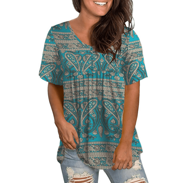 FOLUNSI Womens Summer Plus Size Tops V Neck Buttons Pleated Flared ...