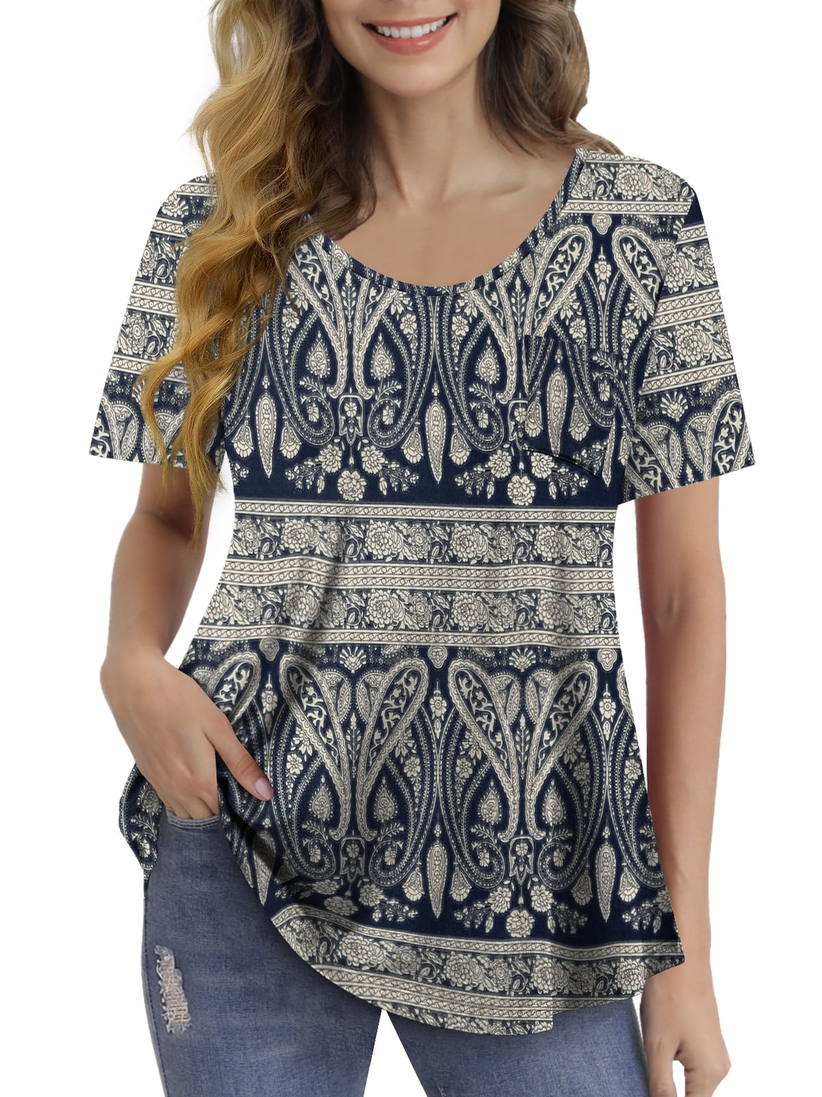 FOLUNSI Womens T Shirts Short Sleeve Round Neck Loose Print Tunic Tops with Pocket - Walmart.com