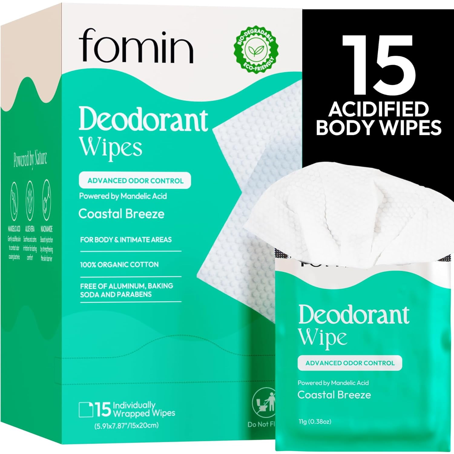 FOMIN Acidified Travel Deodorant Wipes For Women & Men - 15 Count ...