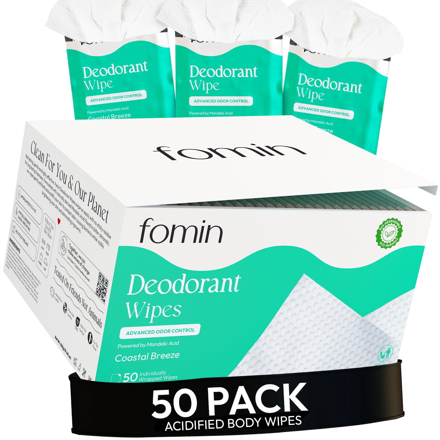 FOMIN Acidified Travel Deodorant Wipes For Women & Men - 50 Count ...
