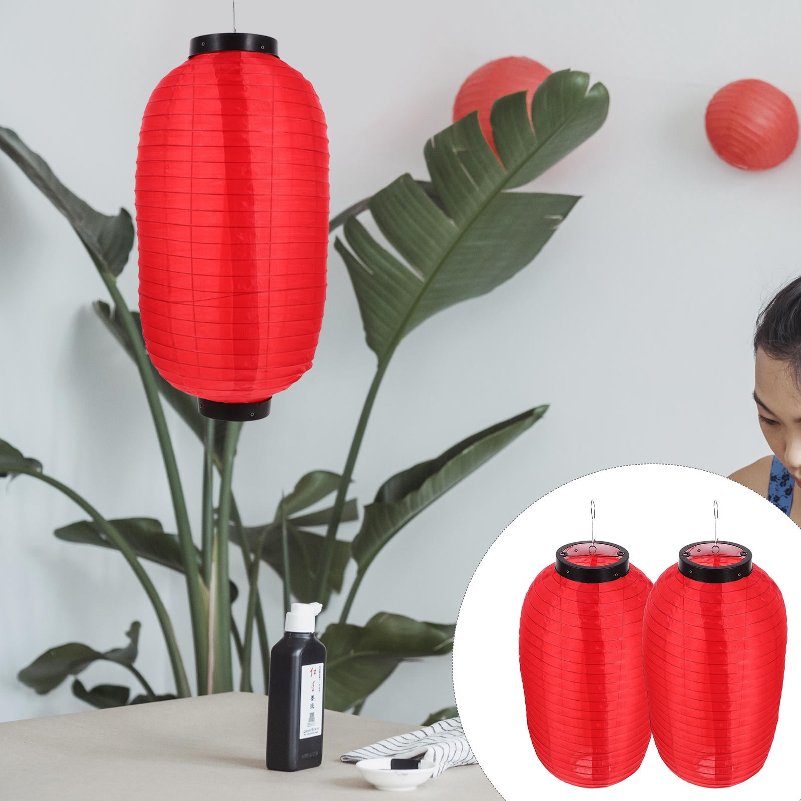 FOMIYES 2Pack Red Round Lanterns Japanese Style Silk Cloth and Iron ...
