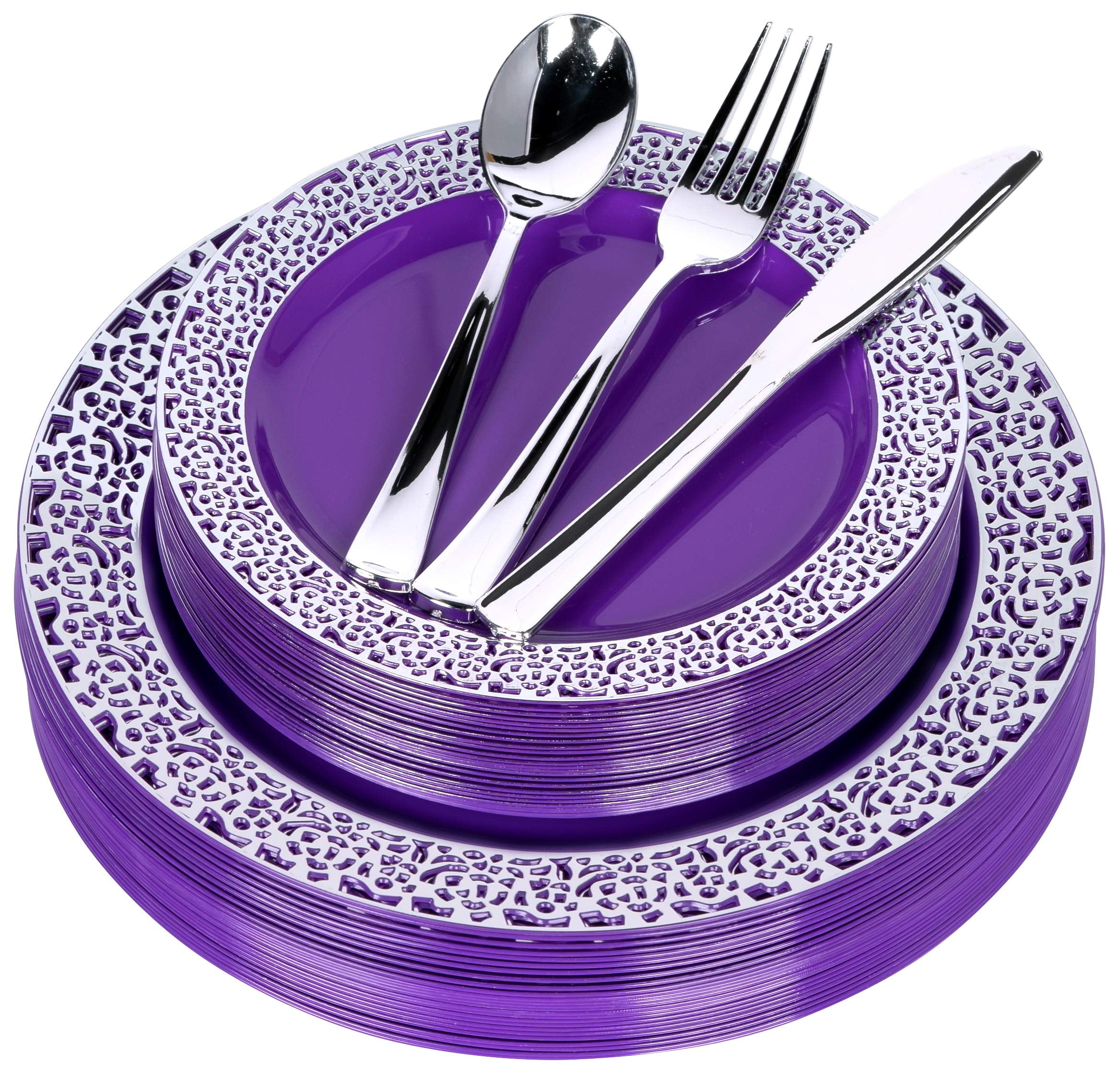FOMOICA Purple Silver Plastic Plates and BSL1 Silverware - 125 Premium ...