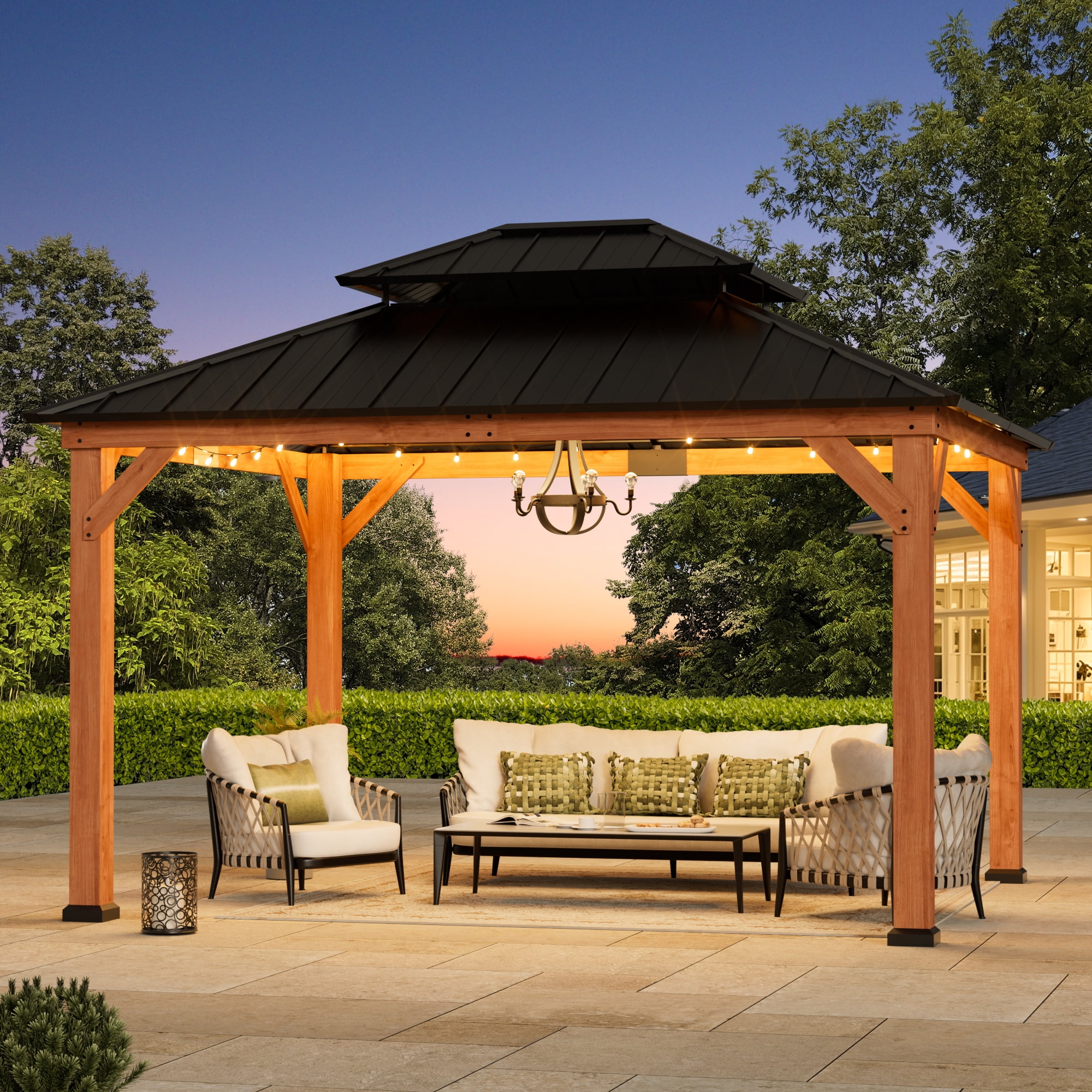 FONA 11'x13' Rosewood Cedar Grill Gazebo,Double Steel Roof & Sturdy ...