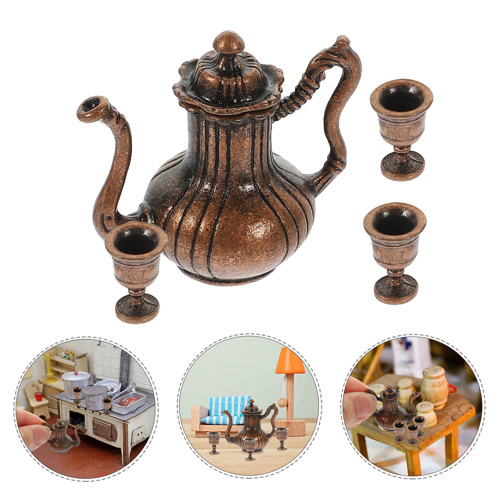 FONDOTIN 1 Set Mini Tea Pot Cup Alloy Metal Doll House Decoration ...