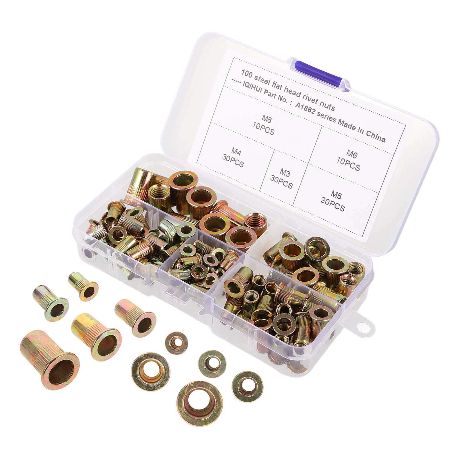 FONDOTIN 100Pcs Rivet Nut Carbon Steel Zinc Plated Flat Golden Finish ...