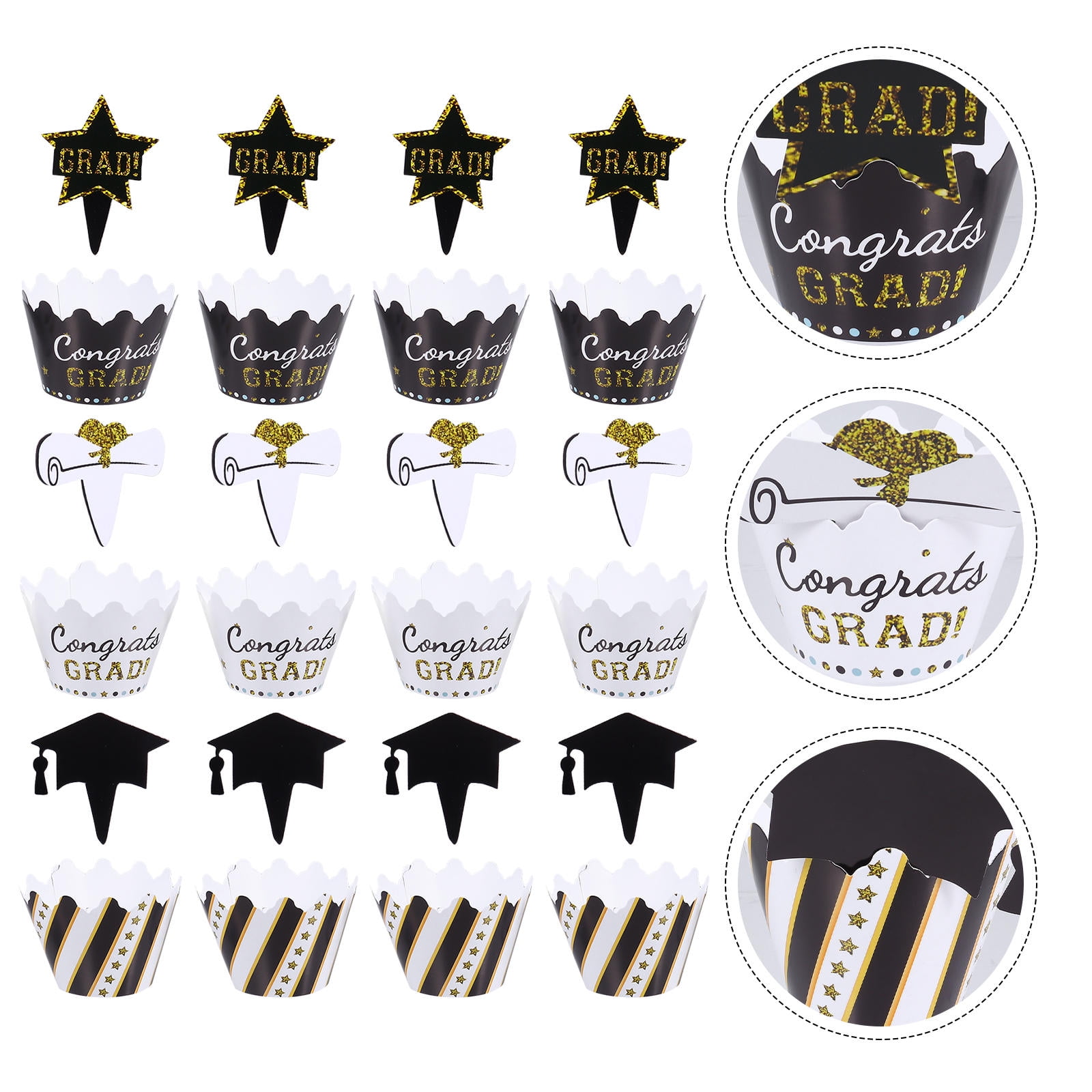 FONDOTIN 24 Pcs Graduation Cake Toppers and Rims Fruit Picks Golden ...