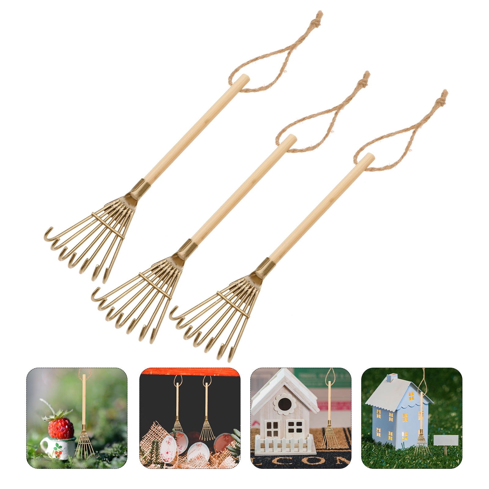 FONDOTIN 3Pcs Miniature Rake Ornament Golden Iron Decoration ...